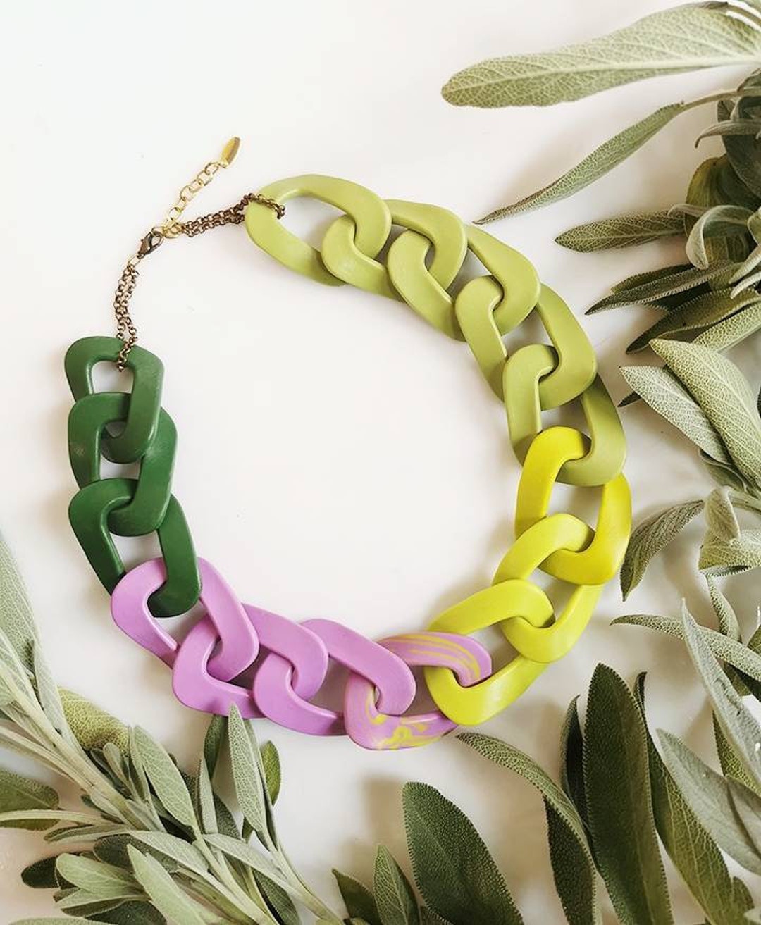 Green Purple Chain Link Multicolor Statement Necklace, Chunky Bib ...