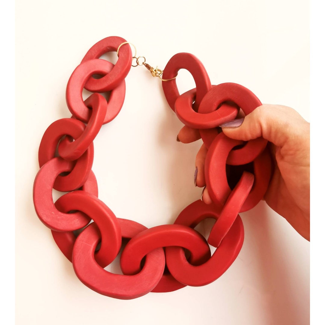 Gigantic Red Bottega Chain Necklace, Brick Red Huge Chain Link Necklace ...