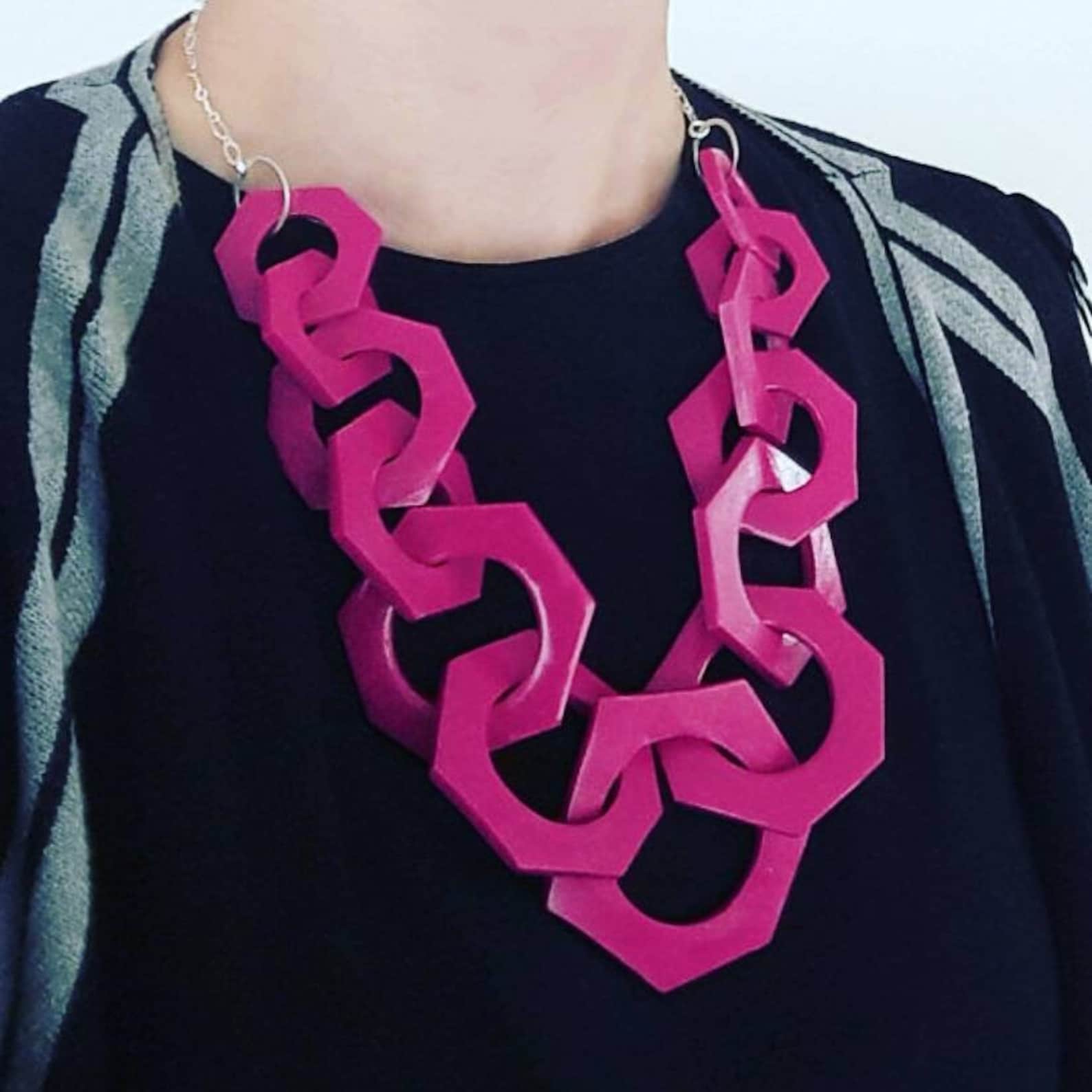 Magenta Pink Chunky Link Necklace, Hexagon Geometric Statement Necklace ...