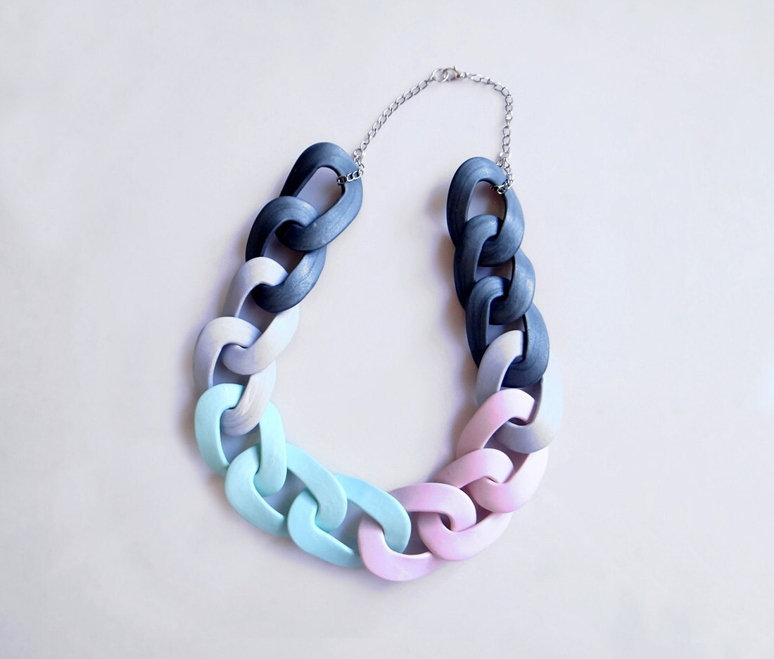 Chain Link Statement Necklace, Pastel Color Block Chunky Necklace in ...
