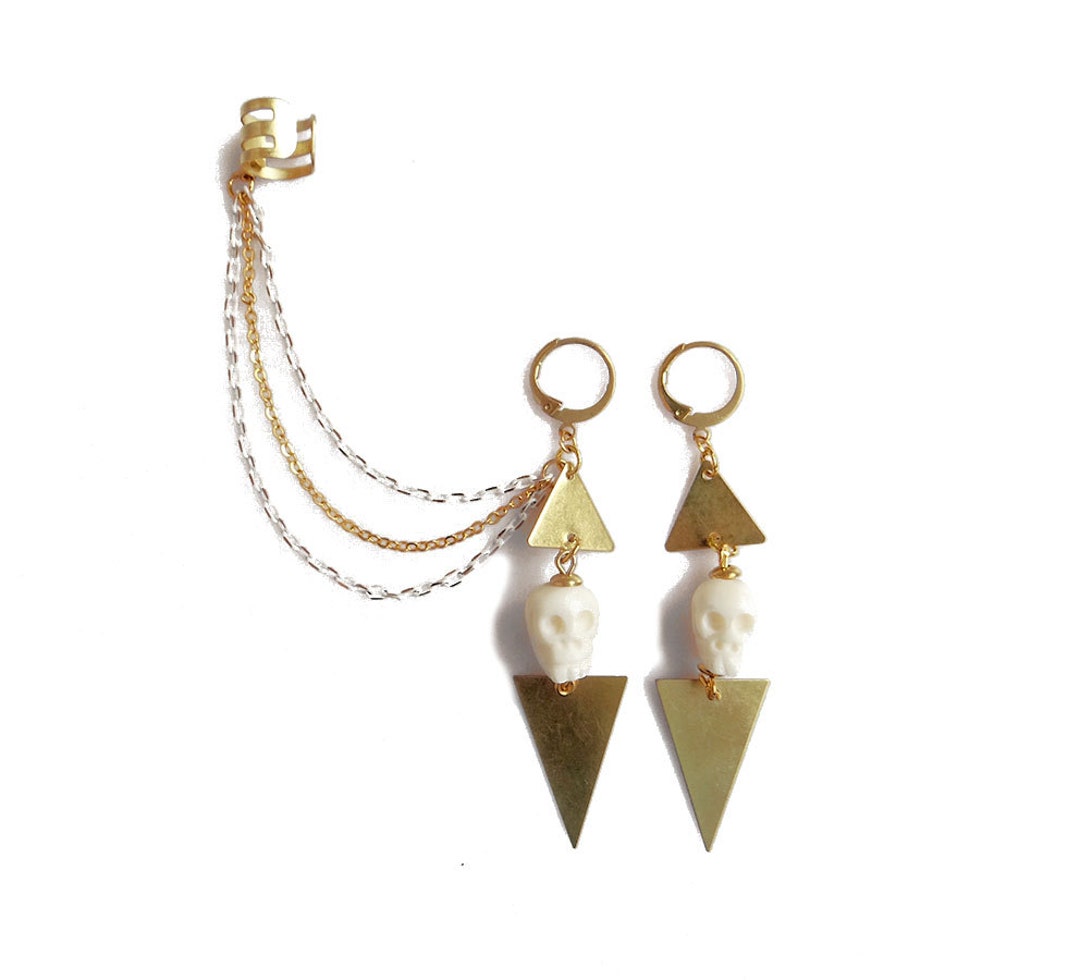 Skull Ear Cuff Earrings, Gold Double Chain Cuff, Bone Skull ...