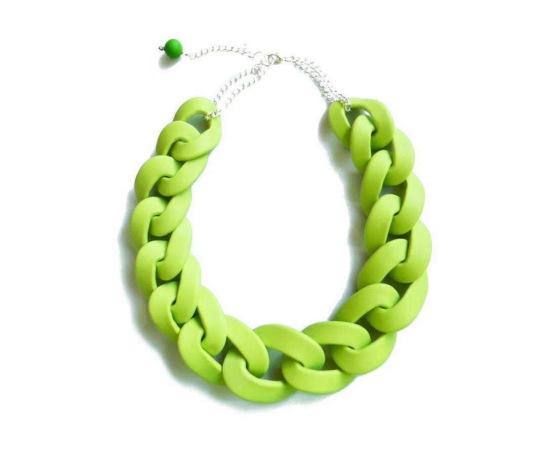 Apple Green Chain Link Necklace, Oversized Statement Necklace, Summer ...
