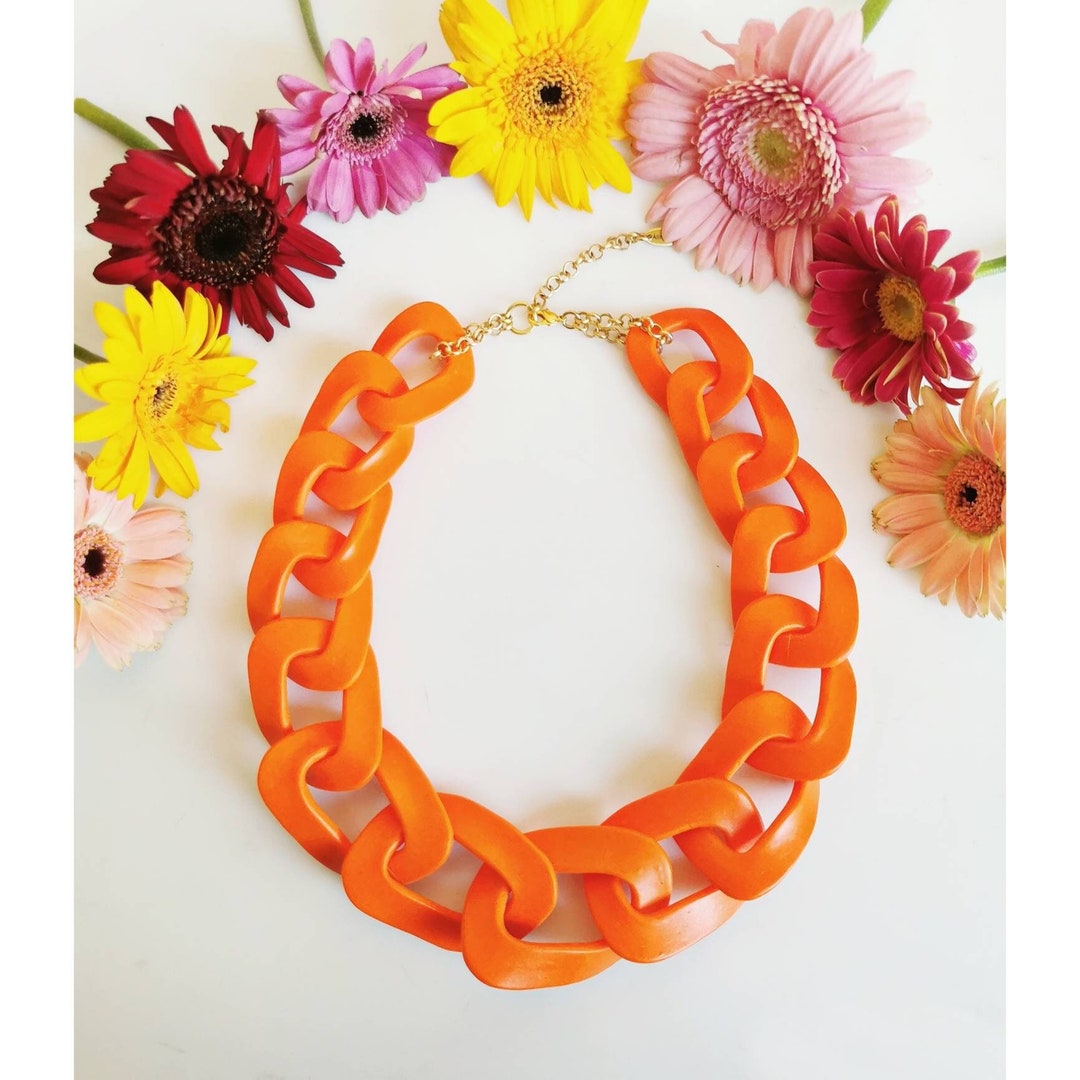 Orange Chain Link Necklace, Oversized Statement Necklace, Orange ...