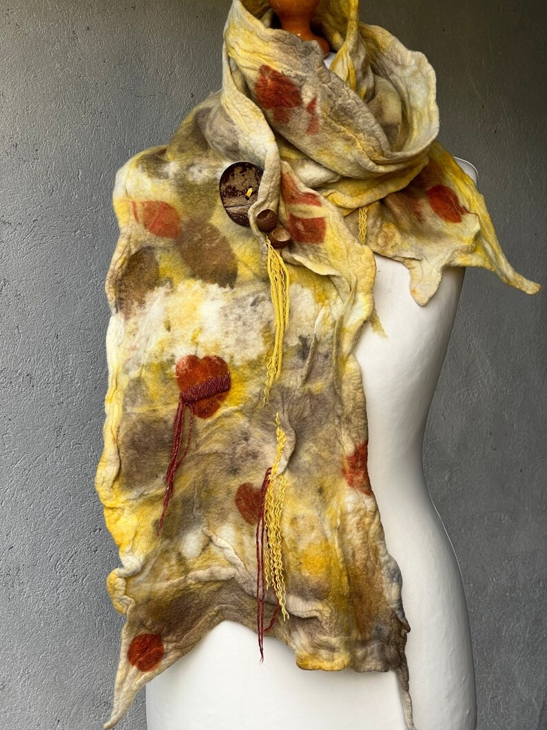 Silk Felt Scarf Eco Printed With Floral Pattern Pure Silk Nuno Felting ...