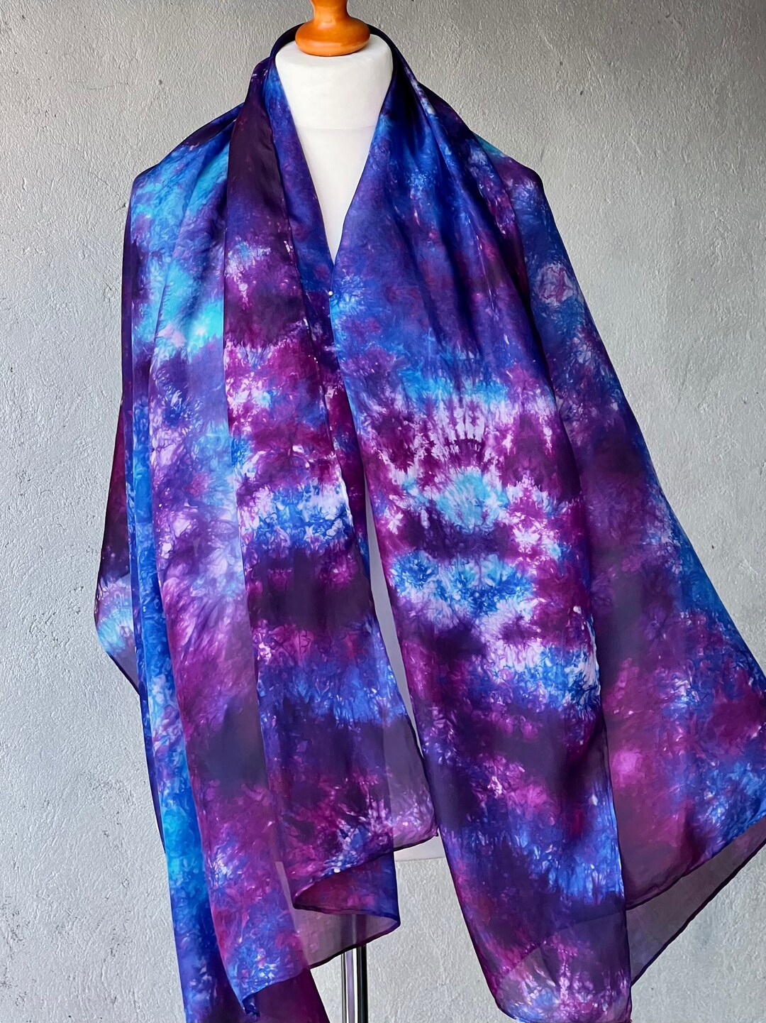 180 X 90 Cm Natural Silk Blue Purple Scarf Night Sky Handmade Painted ...