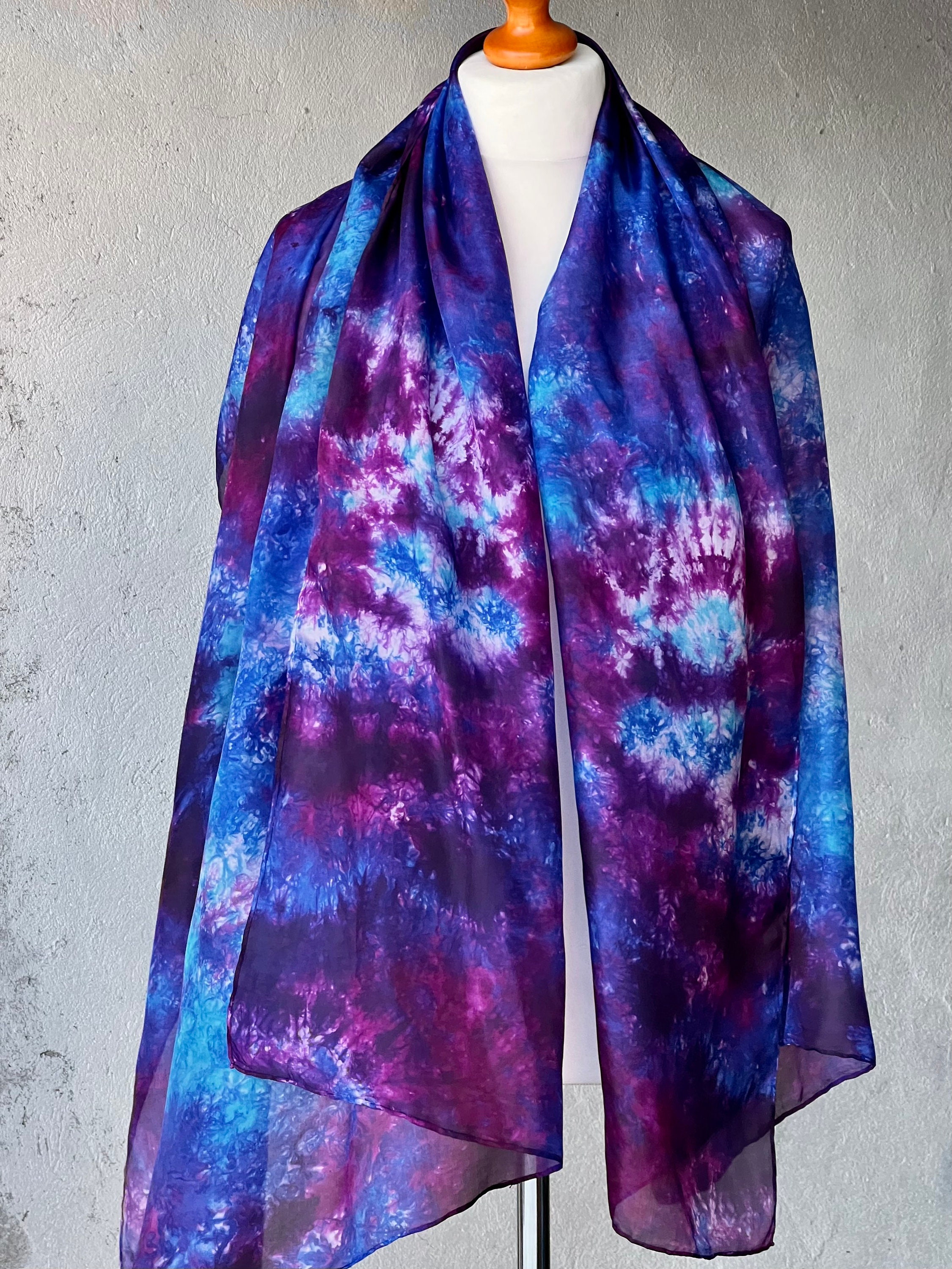 180 X 90 Cm Natural Silk Blue Purple Scarf Night Sky Handmade Painted ...