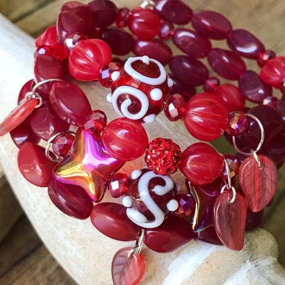 Red Beaded Bracelet / Red Charm Bracelet / Crystal Summer Red | Etsy