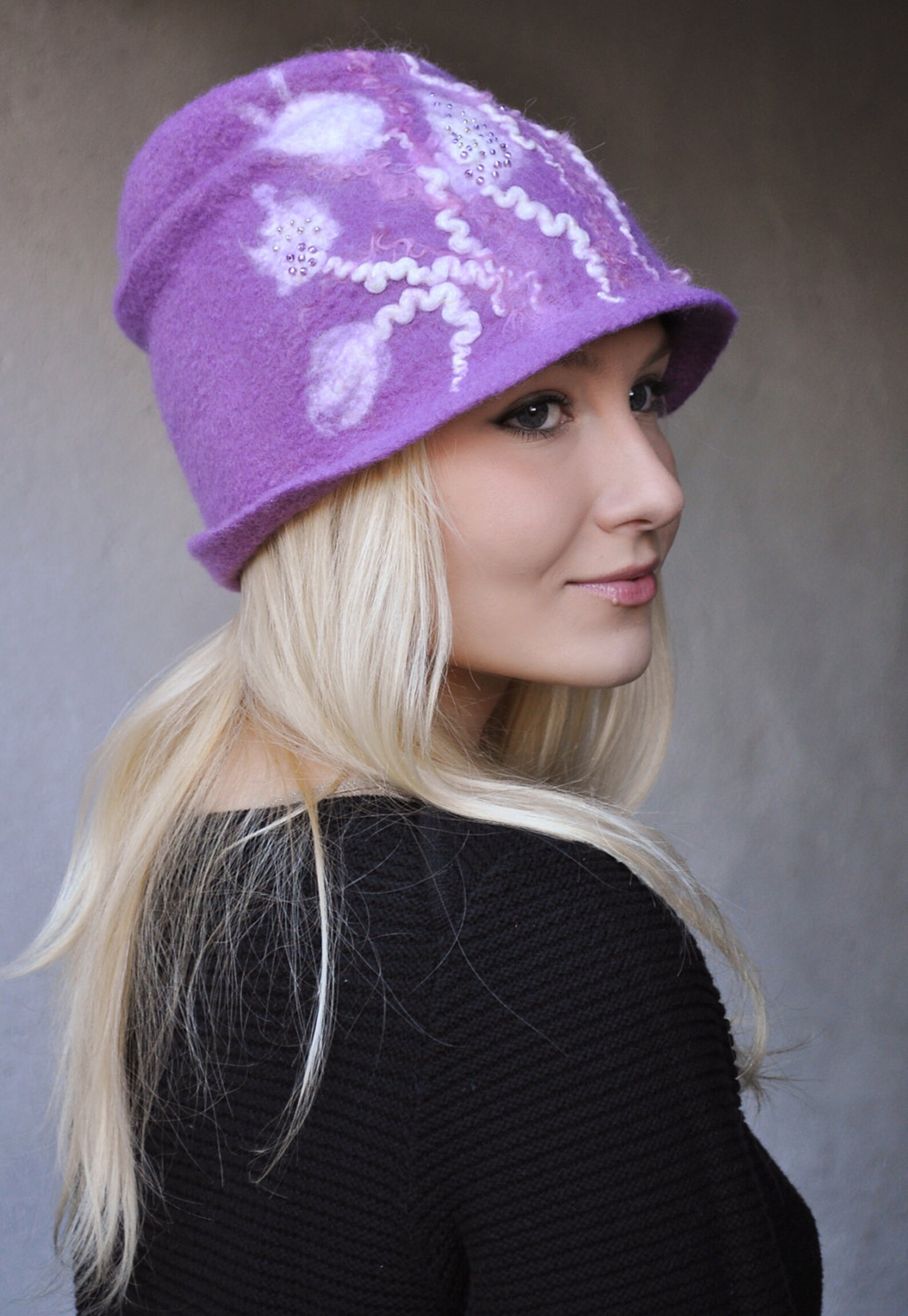Handmade Lilac Felted Cloche Hat: Merino Wool Embroidered Cap - Etsy