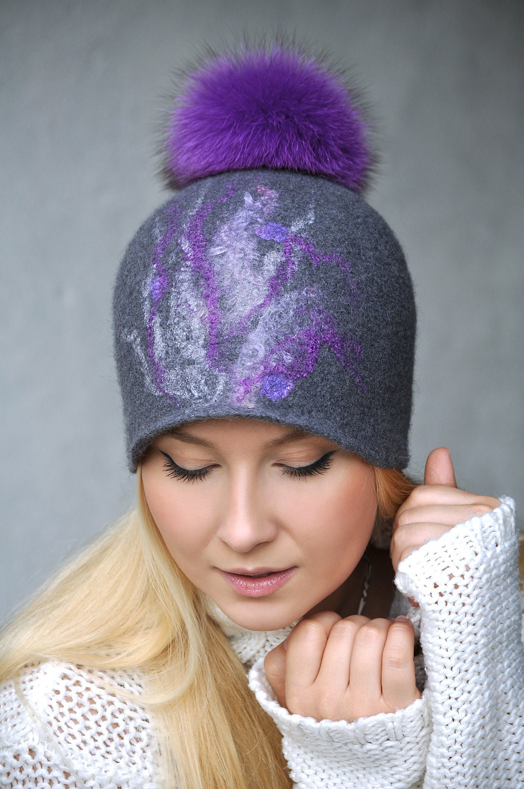 Handmade Felted Wool Hat: Dark Gray Cap With Purple Fur Pompom - Etsy