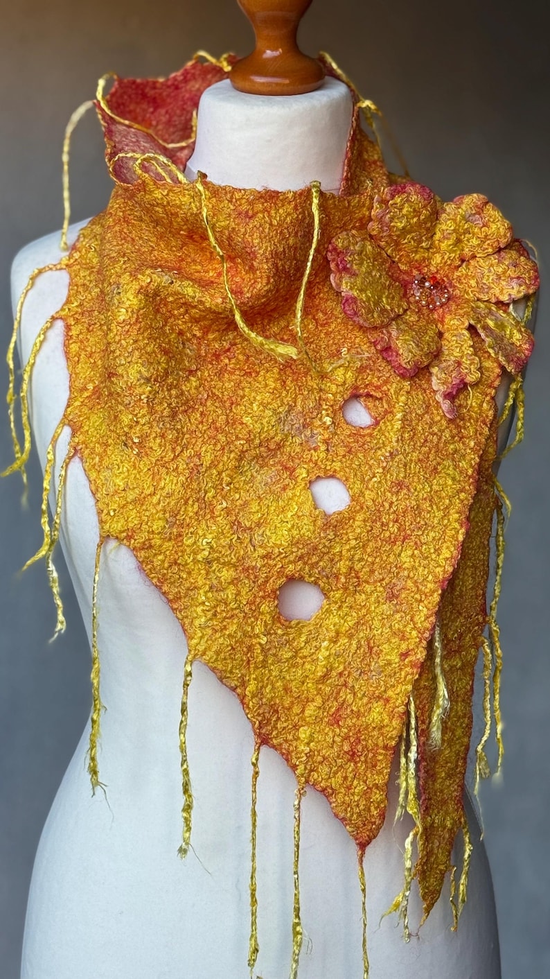 Orange Felted Scarf With Brooch, Handmade Merino Wool Collar Wrap - Etsy