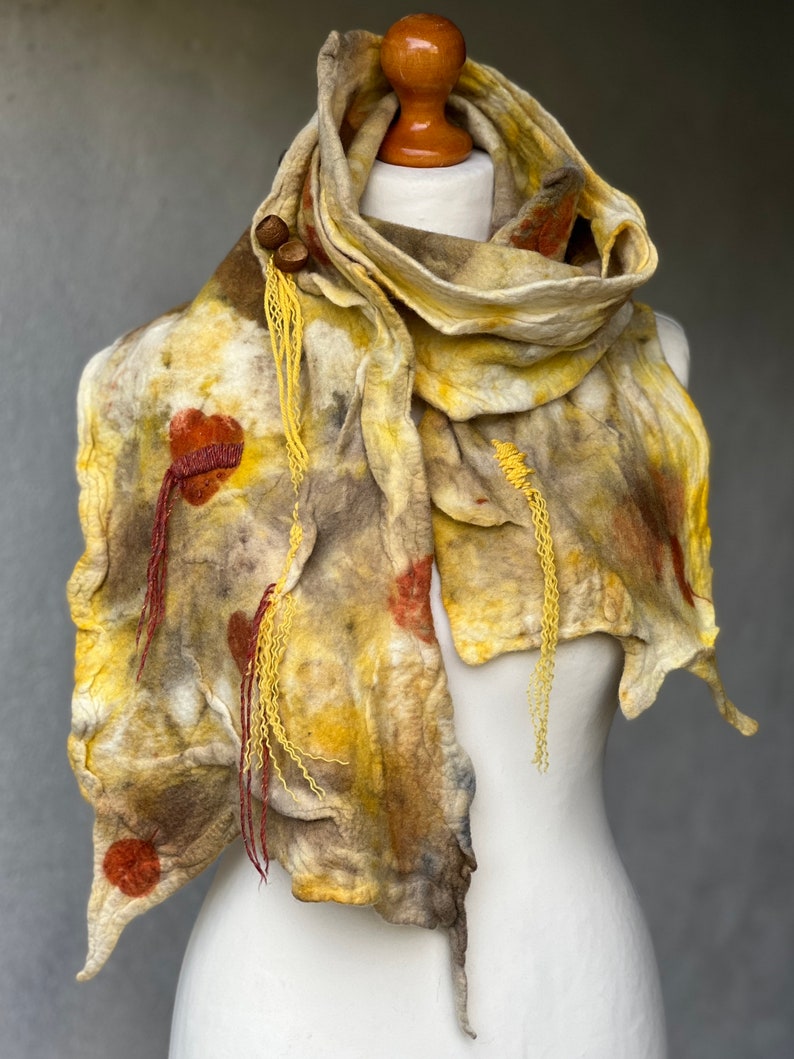Silk Felt Scarf Eco Printed With Floral Pattern Pure Silk Nuno Felting ...