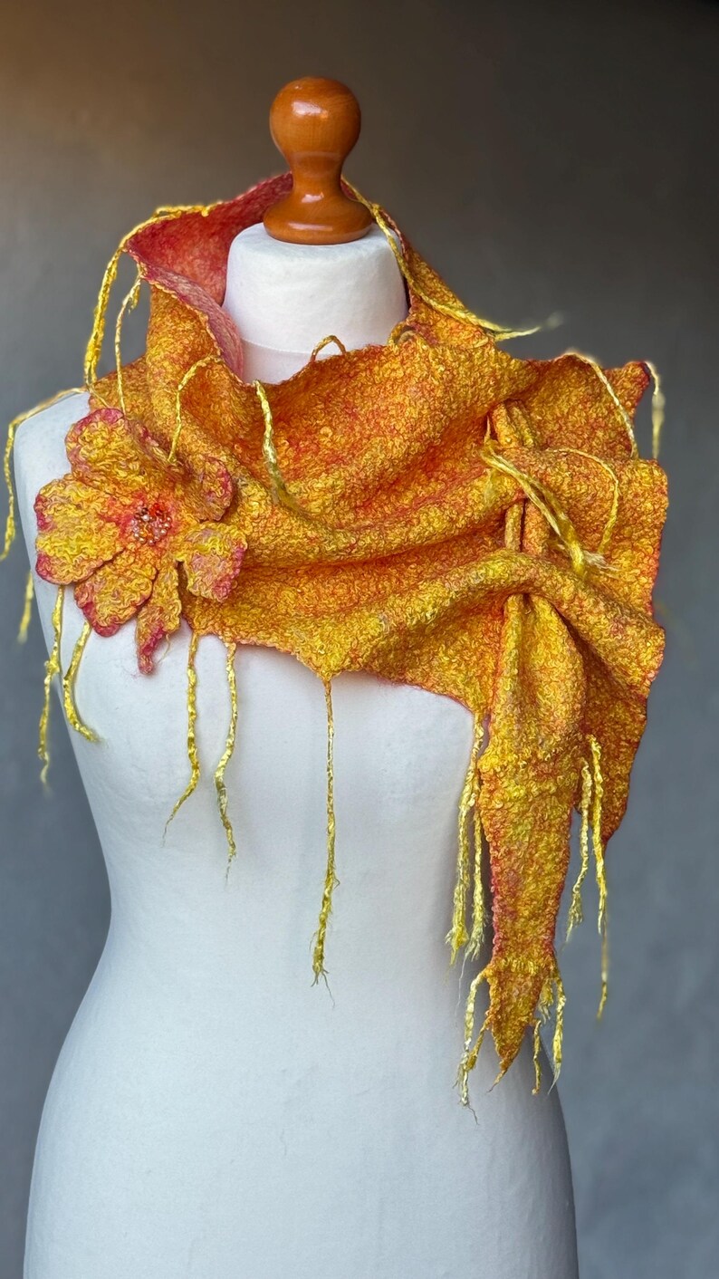 Orange Felted Scarf With Brooch, Handmade Merino Wool Collar Wrap - Etsy