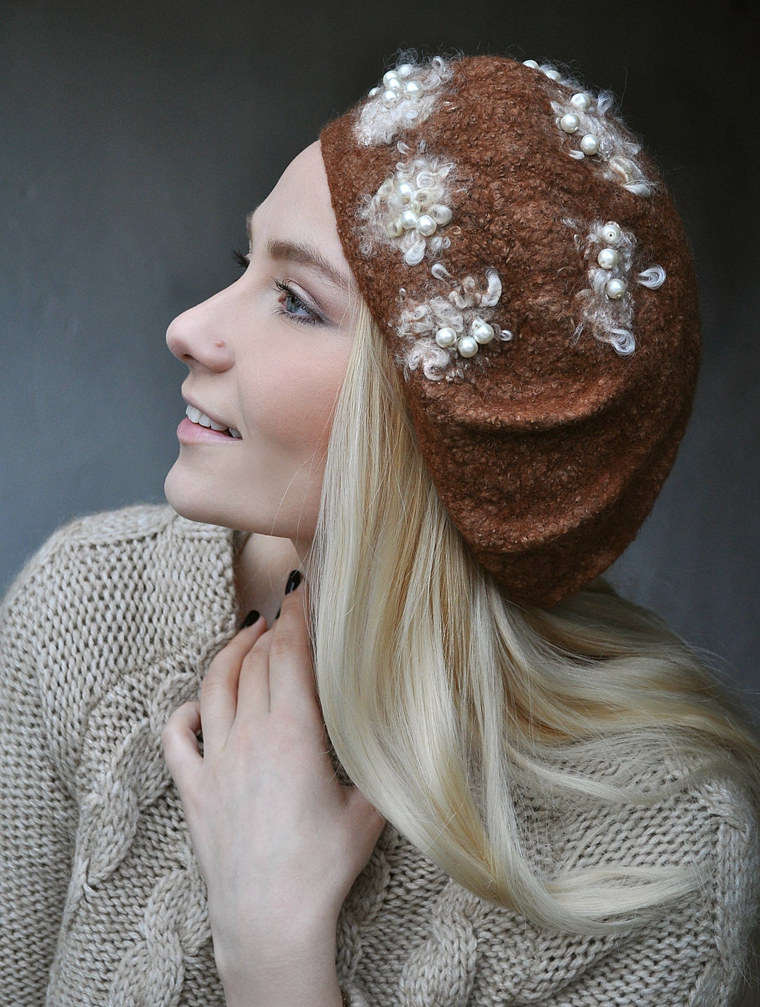 Handmade Brown Felted Beret: Merino Wool Hat With Pearl Embroidery - Etsy