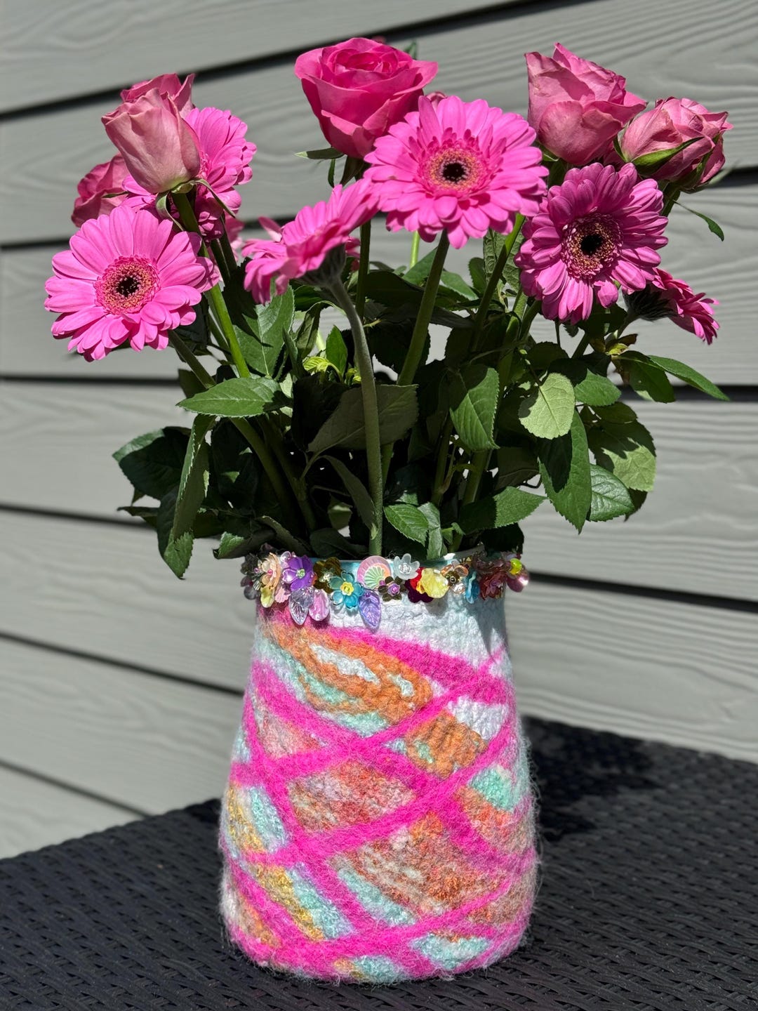 Felted Wool Vase With Beaded Embroidery – Handmade Colorful Home Decor ...