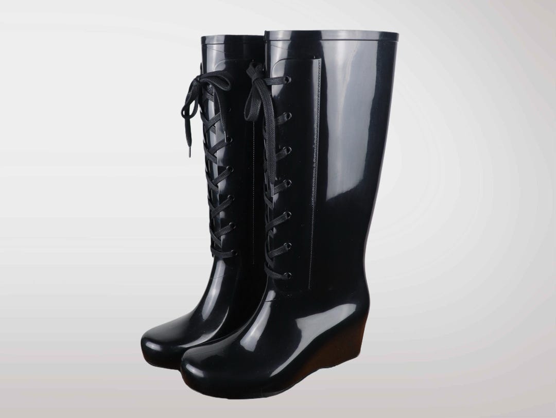 Yves Saint Laurent Black Lace-up Rubber Rain Boots | EU37 - Etsy