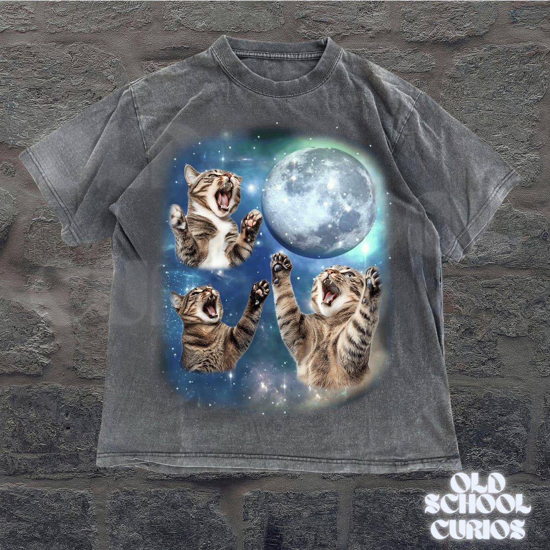 Vintage Three Cats Retro Moon Graphic T-shirt, 90s Cat Moon Meme Tshirt ...