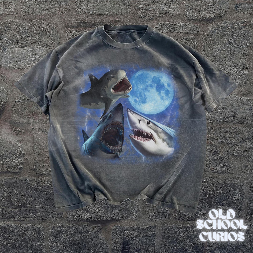 Three Sharks Vintage Graphic T-shirts, Retro Shark Moon Tshirt, Shark ...