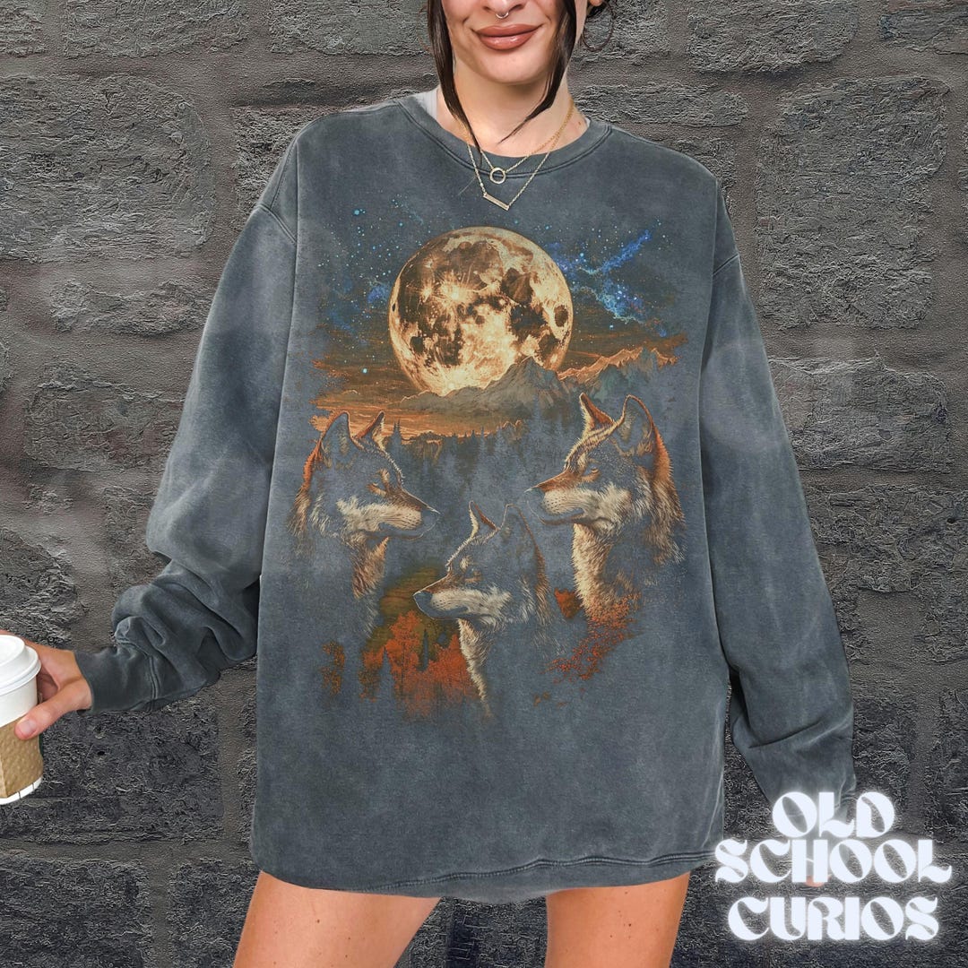Wolf Vintage 90s Graphic Style Comfort Colors® Sweatshirt, Moon Howling ...