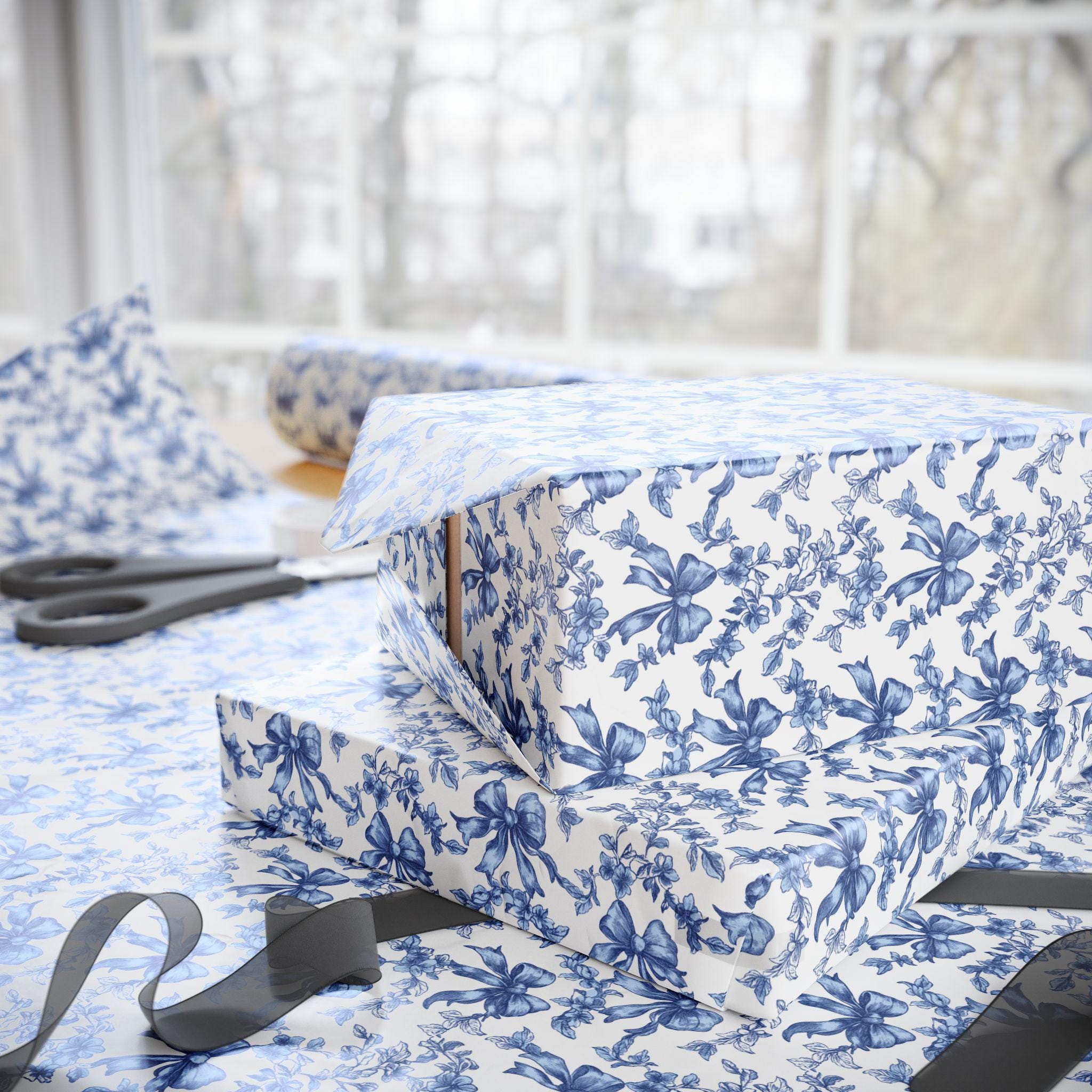 Blue Bow Toile De Jouy Wrapping Paper, Vintage Blue Floral Coquette Bow ...