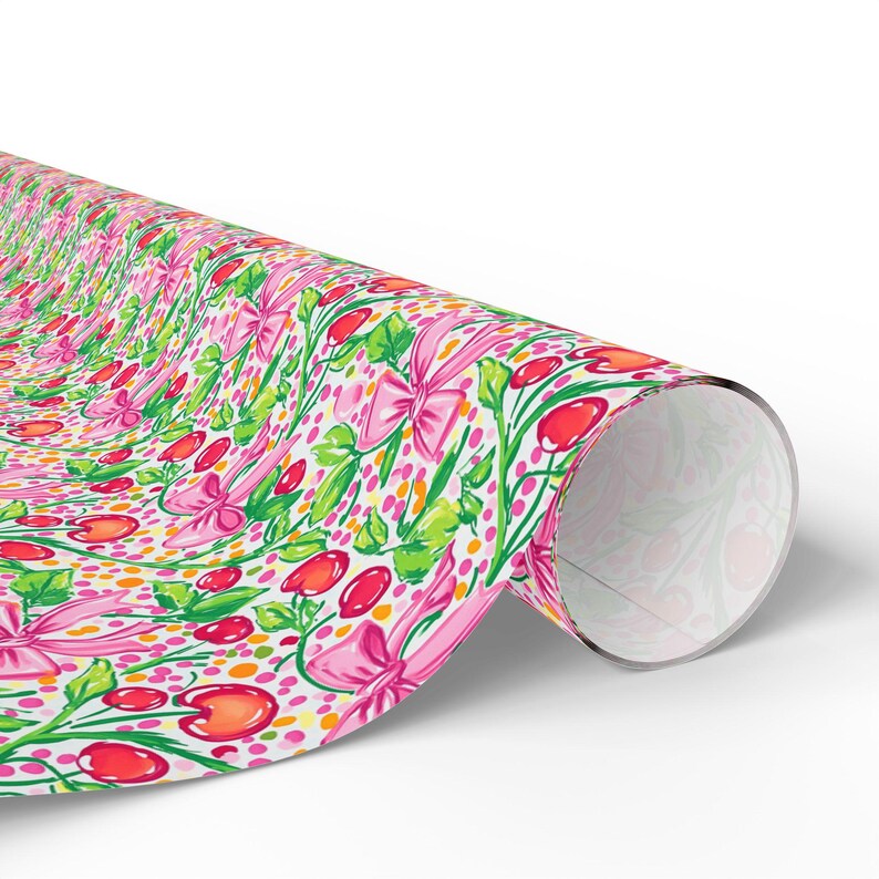 Cherry Coquette Wrapping Paper Roll, Festive Whimsical Pink Bow Gift ...