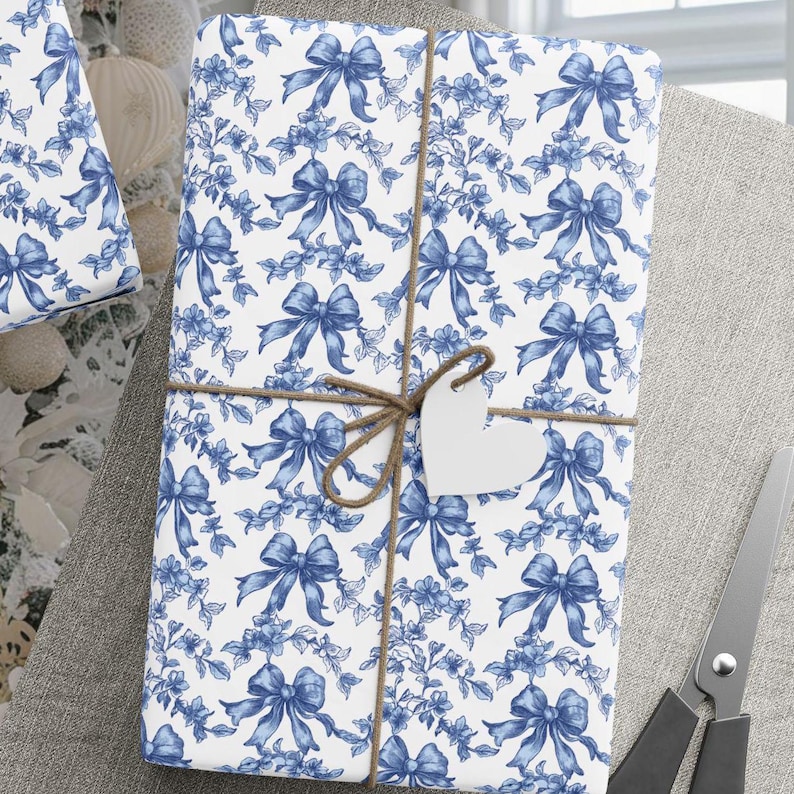 Blue Bow Toile De Jouy Wrapping Paper, Vintage Blue Floral Coquette Bow ...