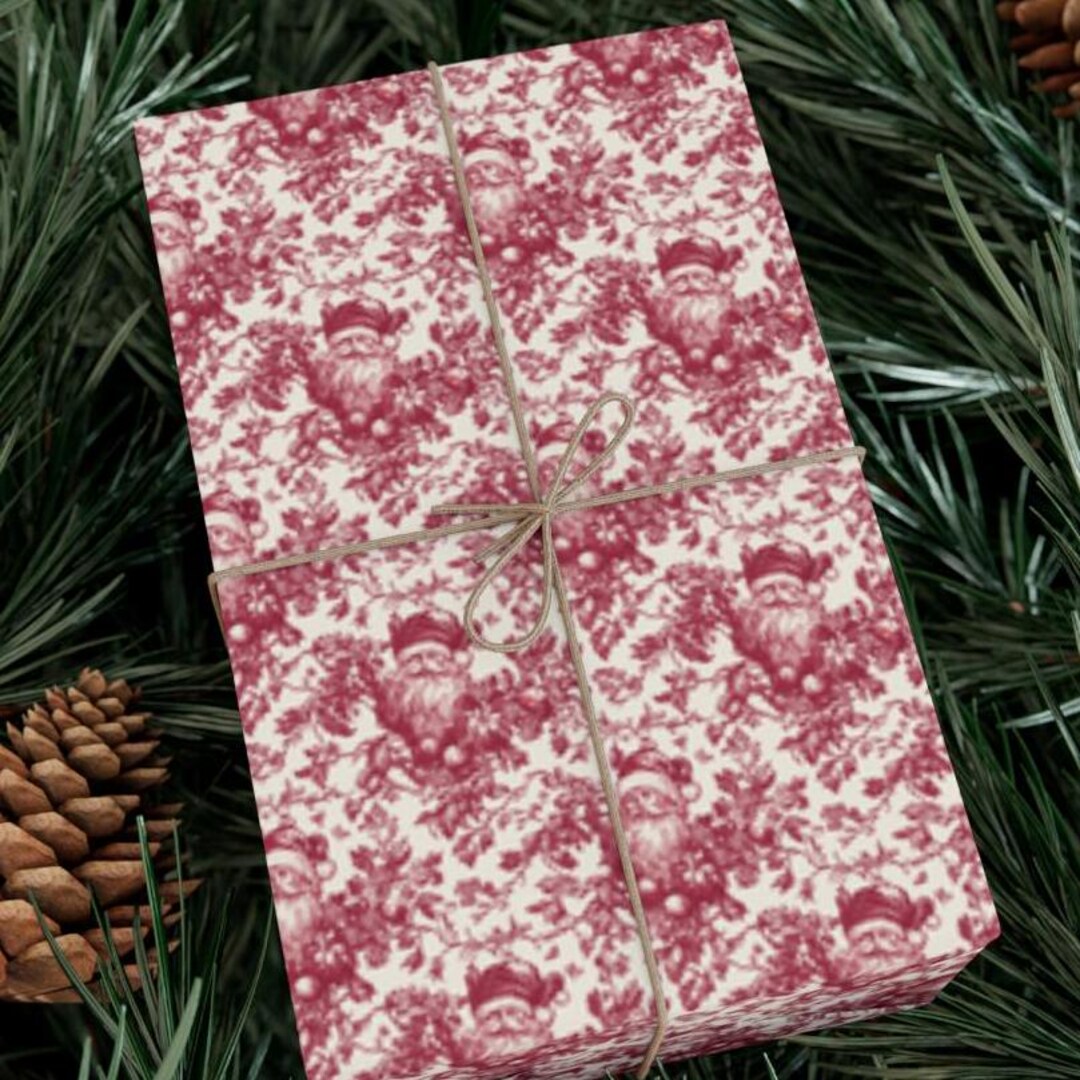 Red Christmas Toile Wrapping Paper Roll, Vintage Christmas Santa Gift ...