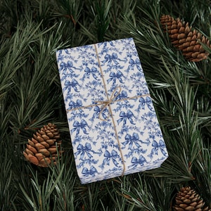 Blue Bow Toile De Jouy Wrapping Paper, Vintage Blue Floral Coquette Bow ...