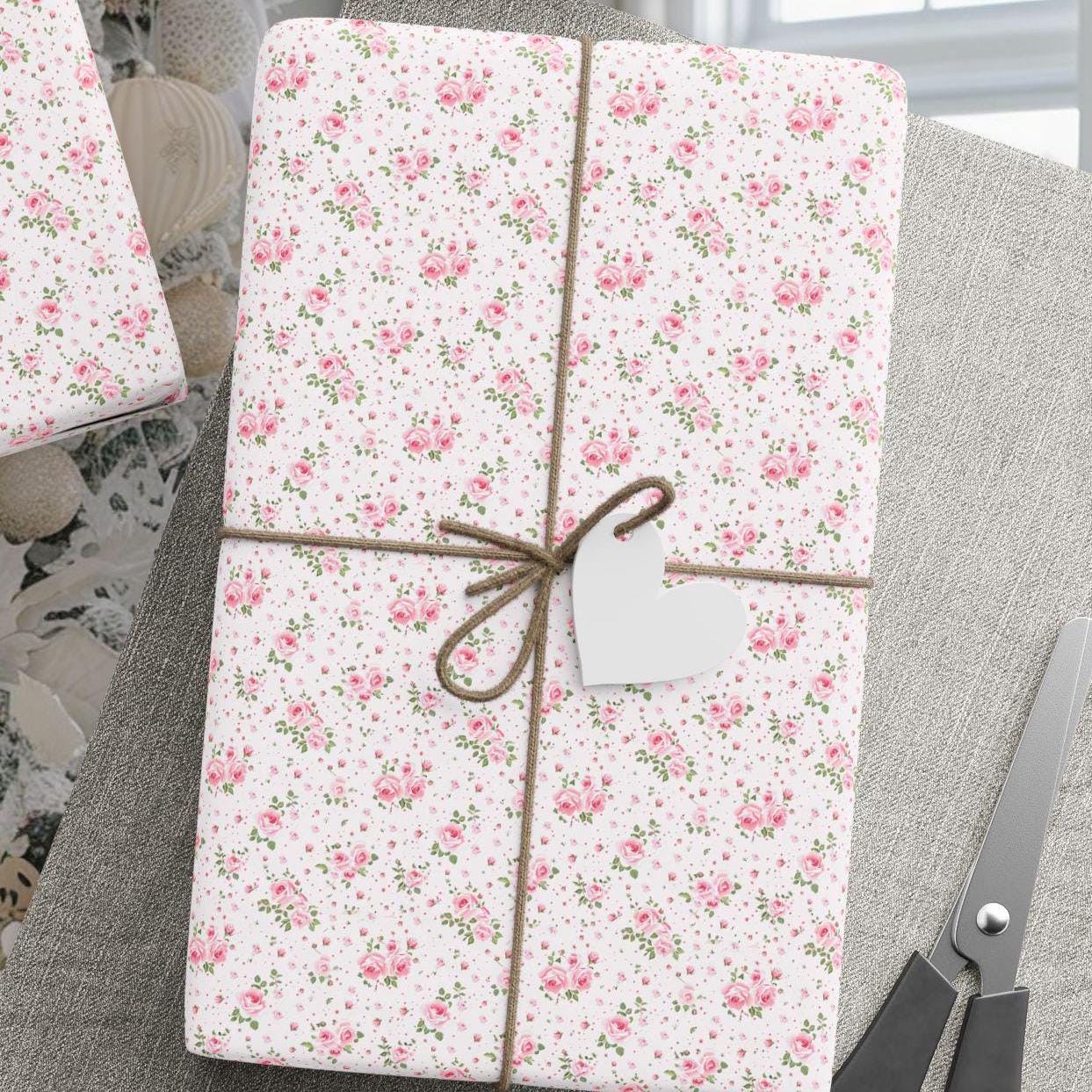 Fancy Floral Wrapping Paper Roll, Pink Bow Coquette Gift Wrap for ...