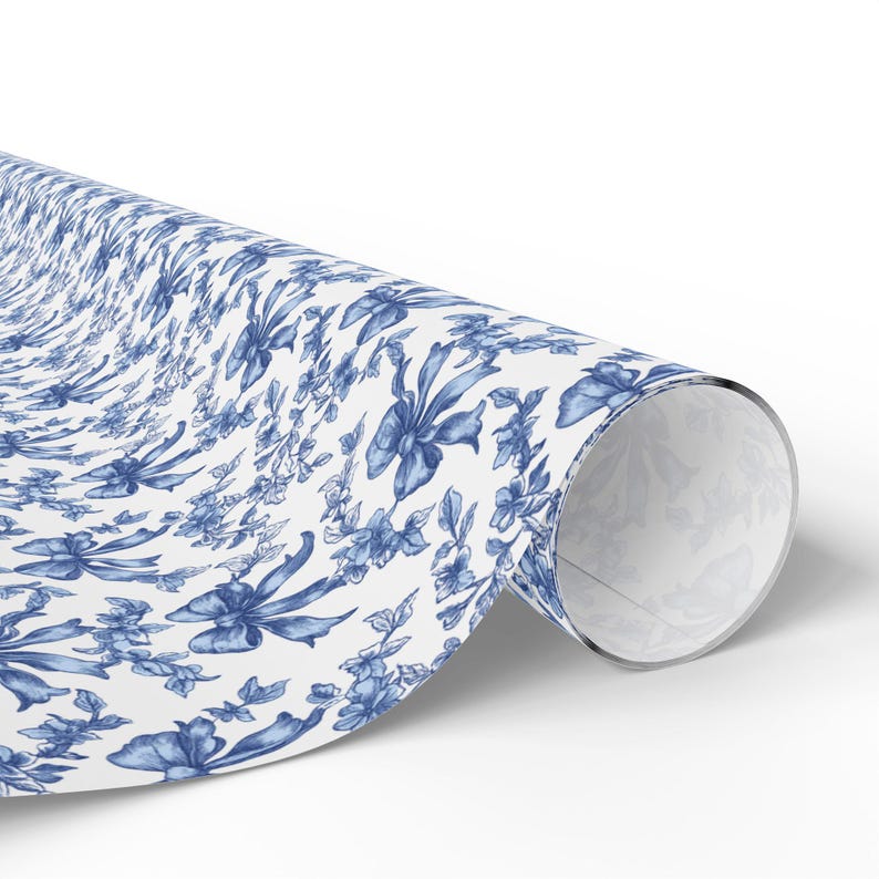 Blue Bow Toile De Jouy Wrapping Paper, Vintage Blue Floral Coquette Bow ...
