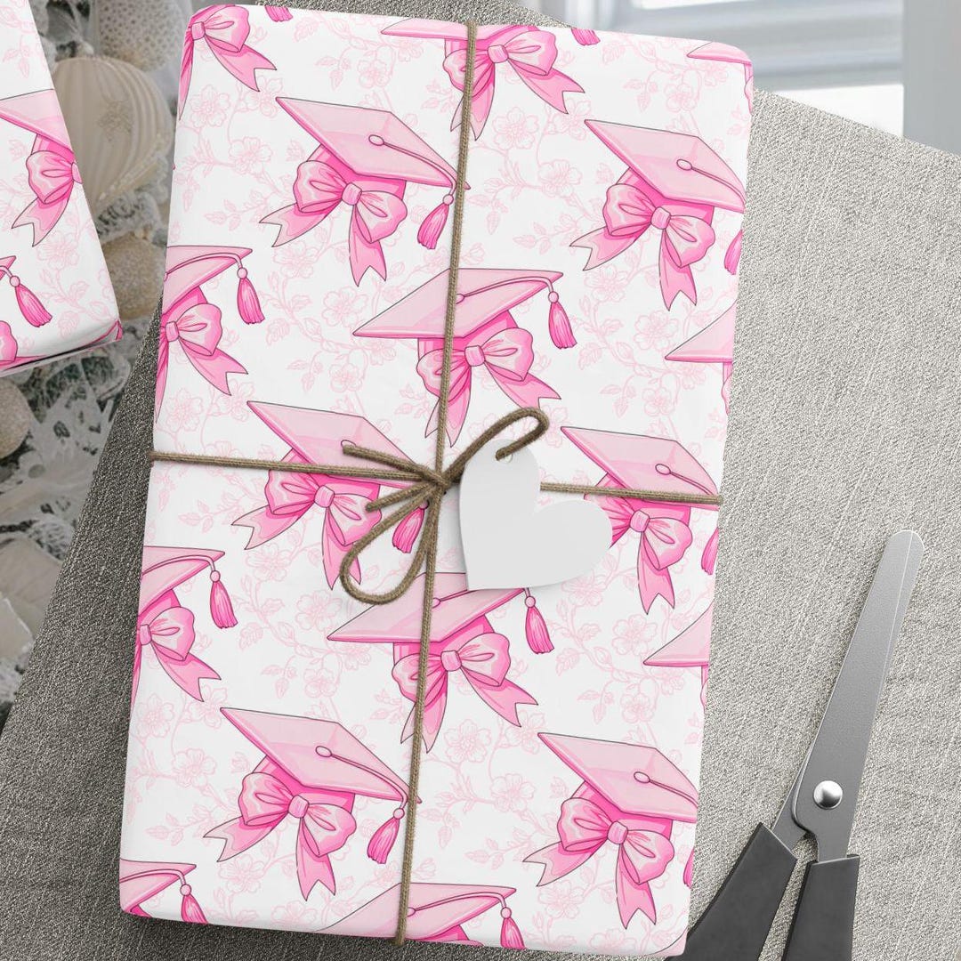 Graduation Cap Wrapping Paper Roll, Pink Coquette Bow Gift Wrap for ...