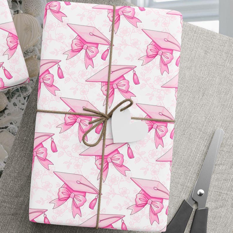 Graduation Cap Wrapping Paper Roll, Pink Coquette Bow Gift Wrap for ...