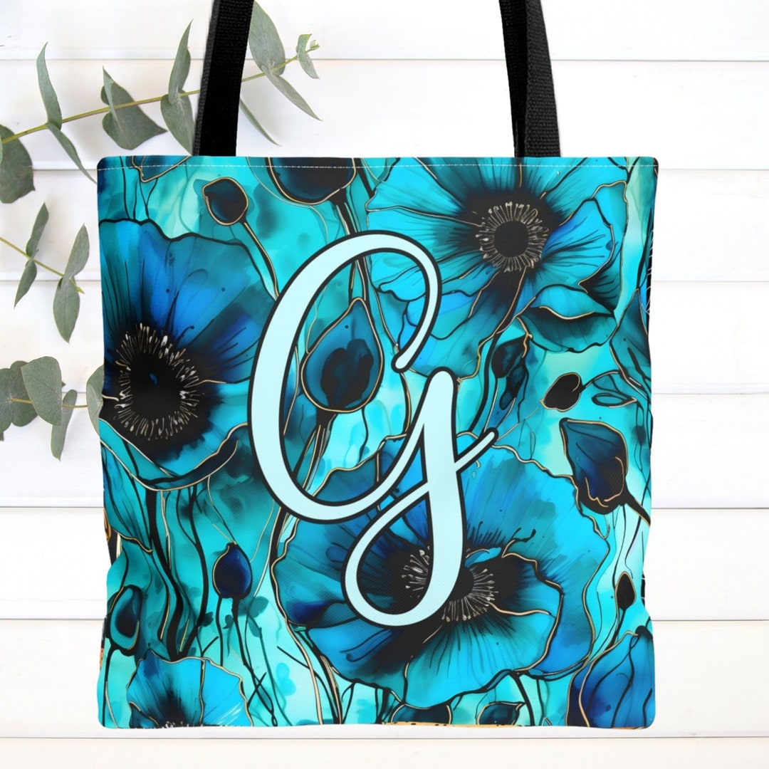 Personalized Blue Floral Initial Tote Bag, Canvas Tote Bag, Poppy ...
