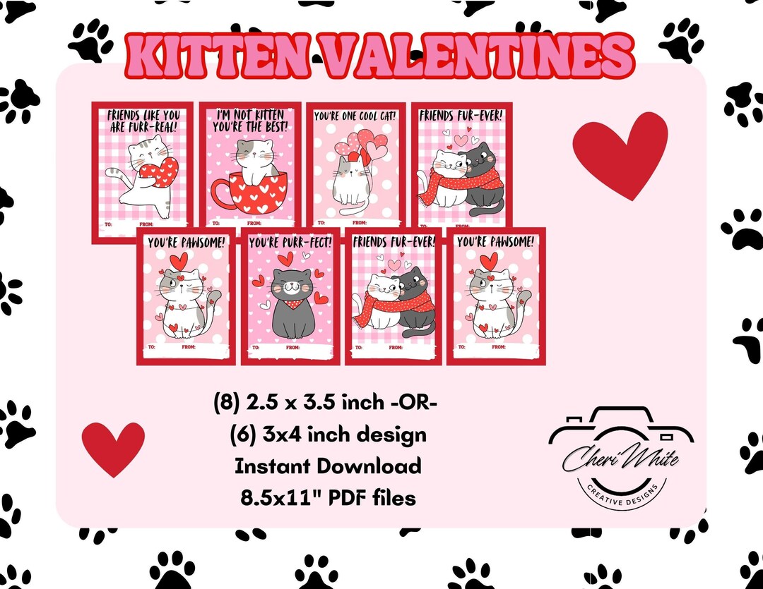 Kitten Valentine Cards for Kids, Printable Cat Valentines, Classroom ...