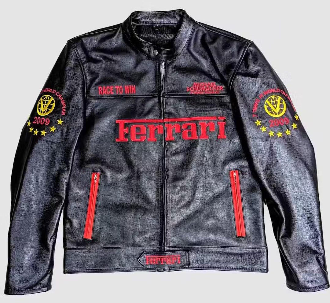 Ferrari Black Biker Racing Leather Jacket Real Cowhide Biker Leather ...