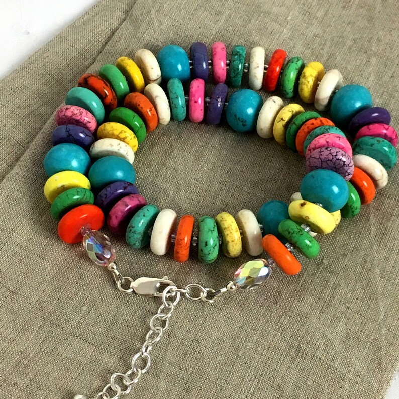 Multi color beaded necklace flat bead stone necklace | Etsy