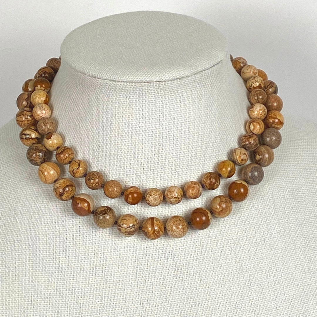 Picture Jasper Gemstone Necklace Single or Double Strand, Brown Amber ...