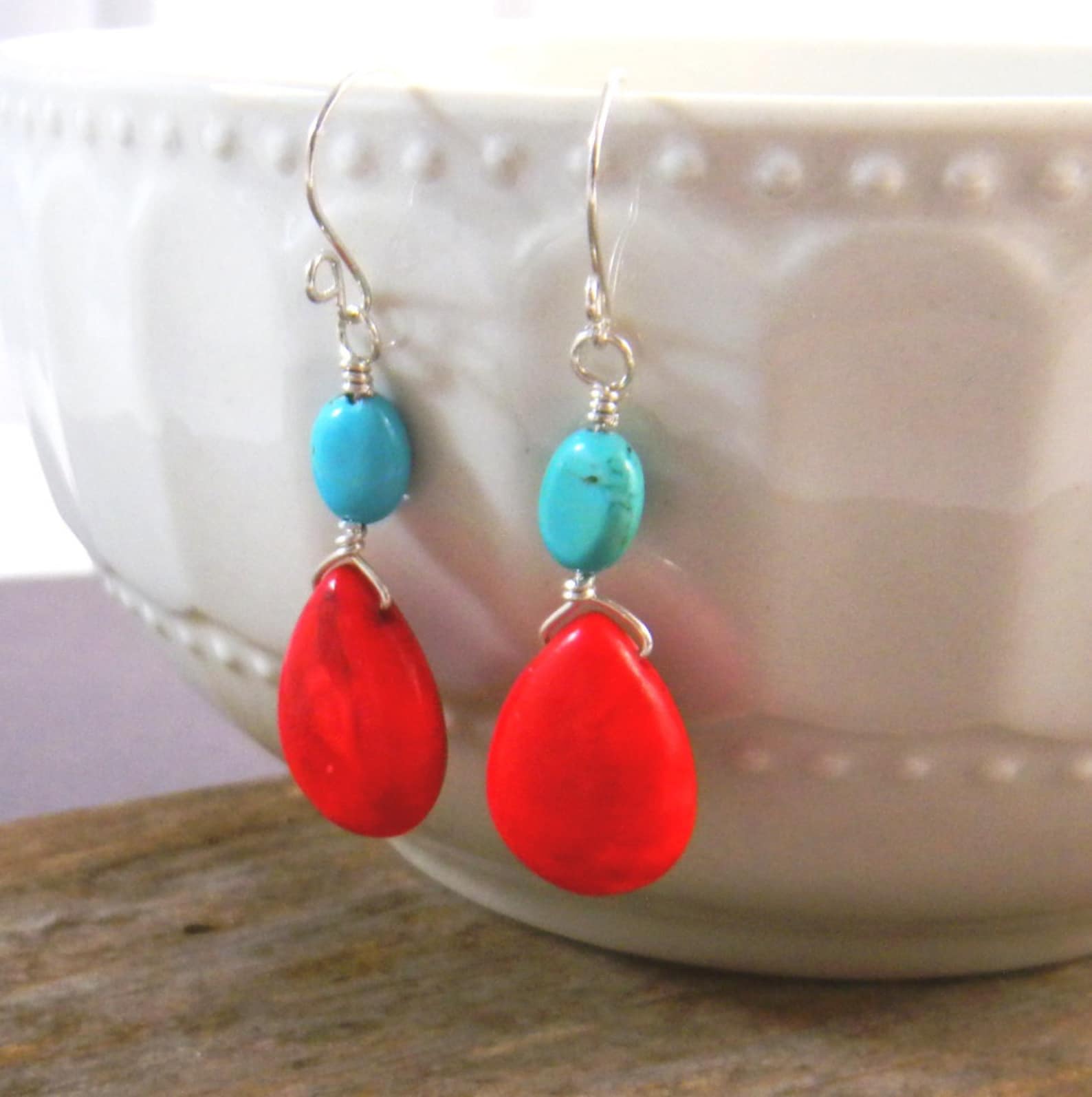 Turquoise and Red Necklace in Two Styles Red and Blue Summer | Etsy