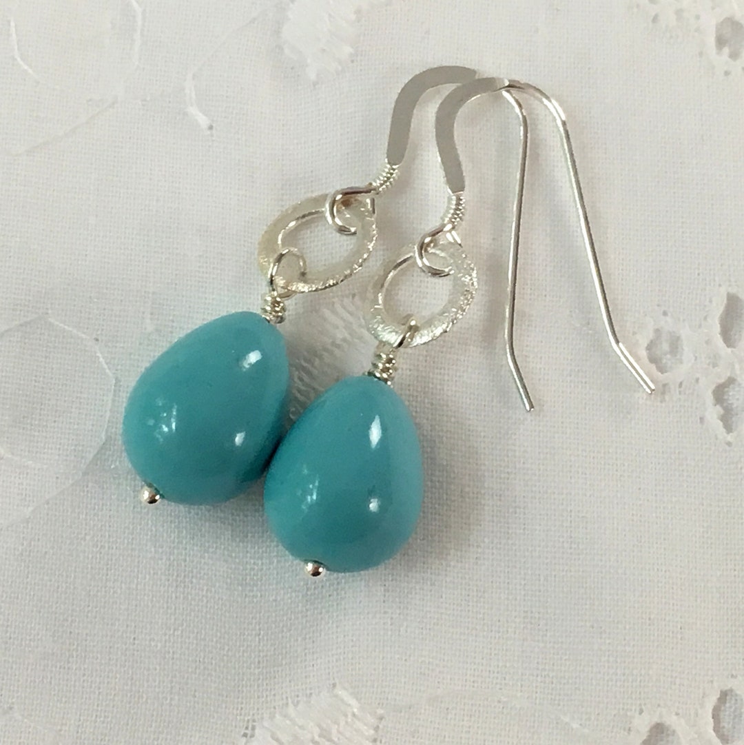 Turquoise Blue Pearl Earrings, Shell Pearl Teardrop Earrings, Sterling ...