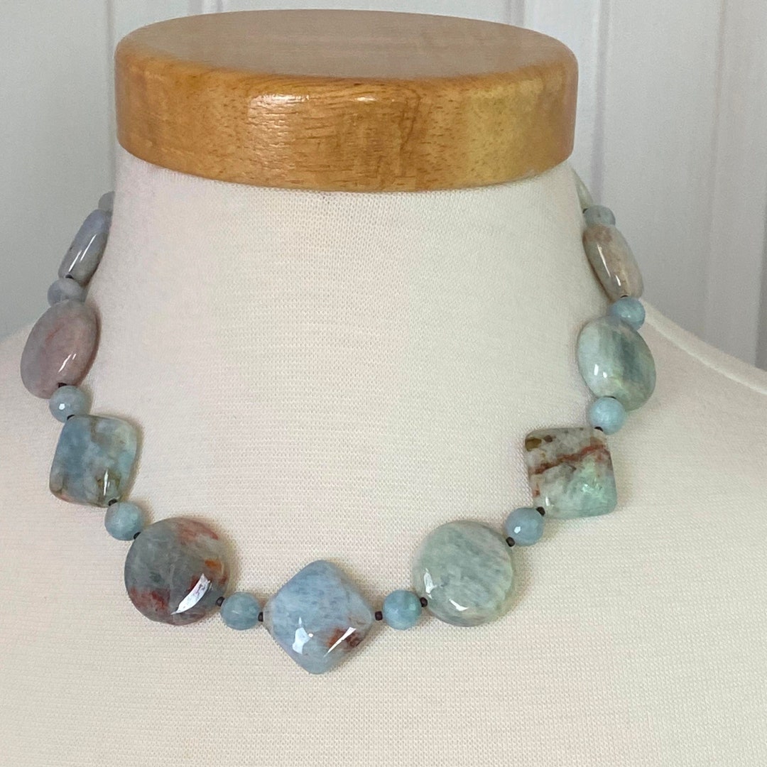Blue Aquamarine Beaded Necklace, Natural Birthstone Necklace March ...