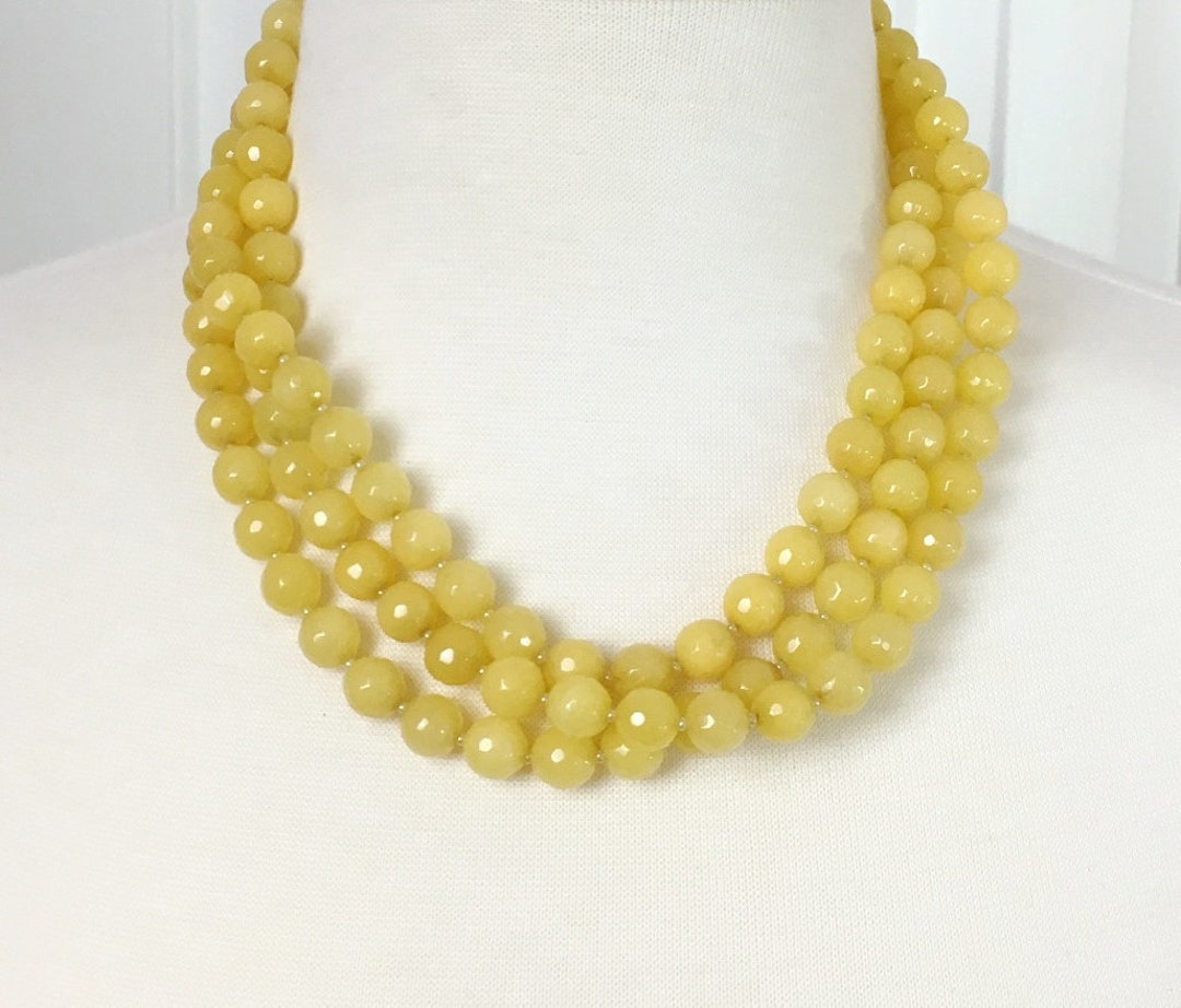 Yellow Jade Layered Necklace, Yellow Beaded Triple Strand Necklace ...