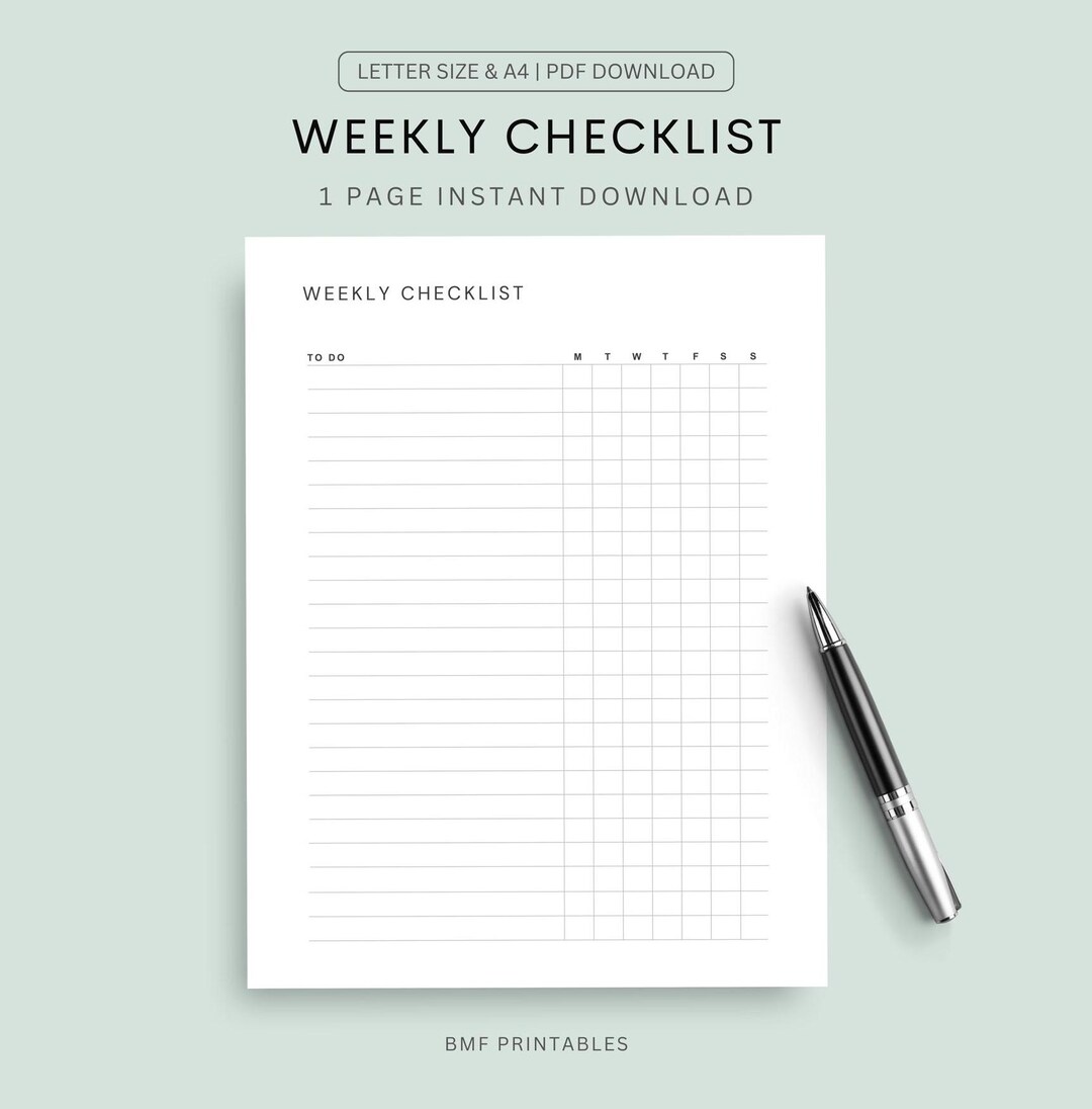 Weekly Checklist Printable, Weekly Planner, Weekly Checklist Template ...