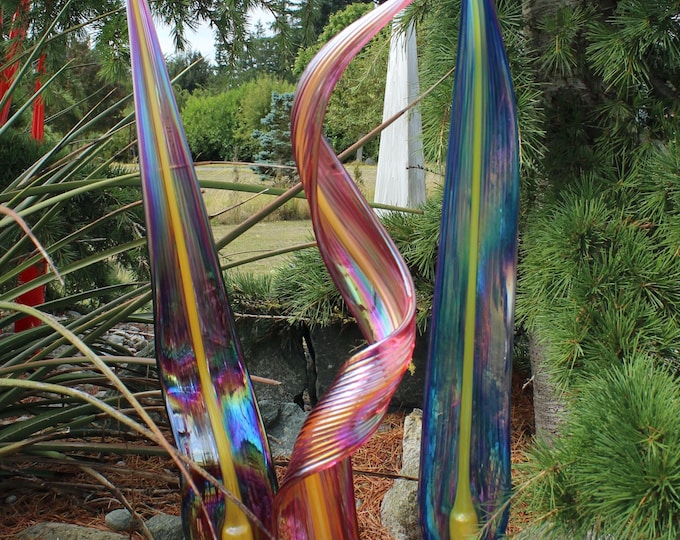 Hand Blown Glass Garden Art: Leaf Flame Sculpture, Purple Pink Aqua ...