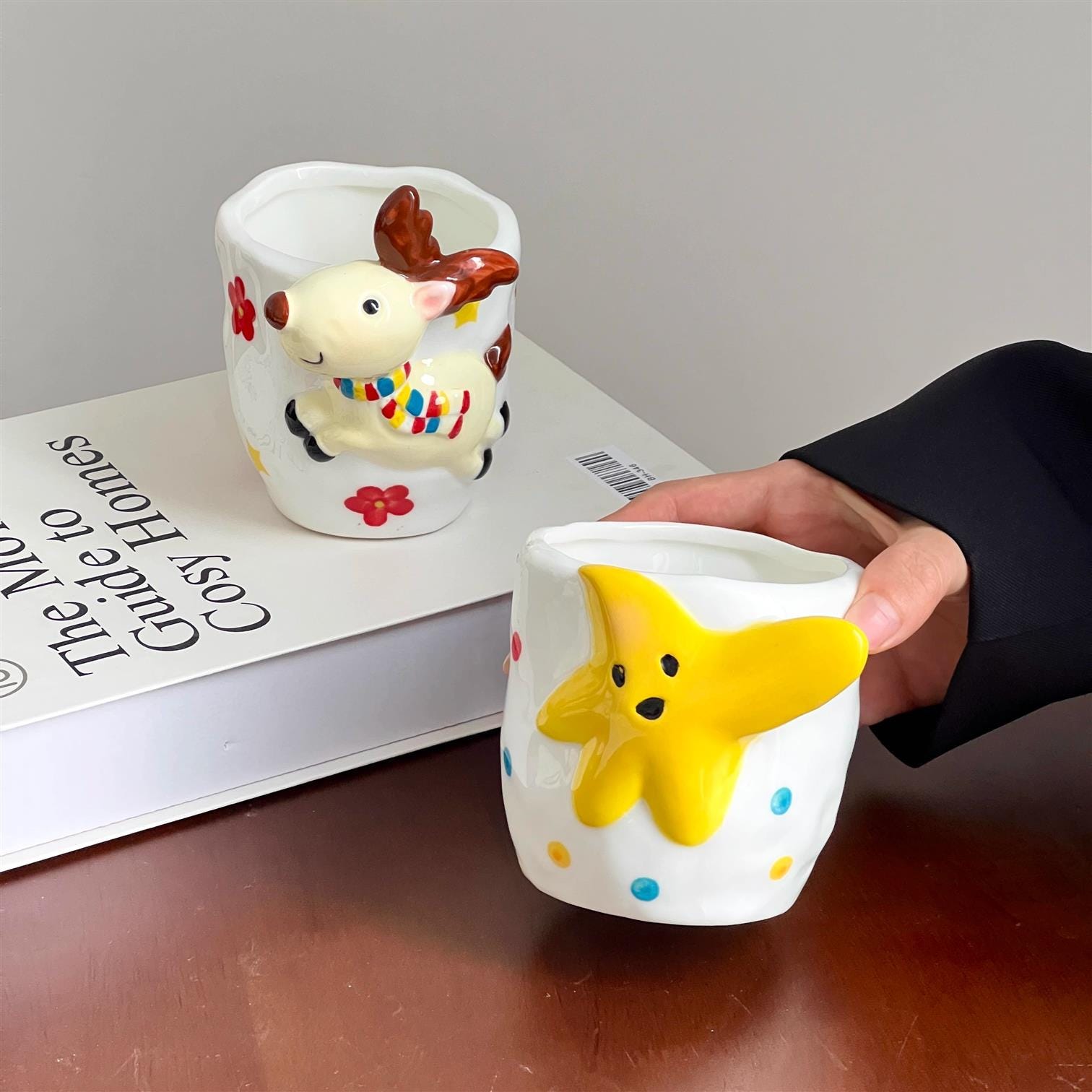 3D Cute Reindeer & Star Ceramic Mug, Kawaii Handmade Coffee Cup 300ml ...