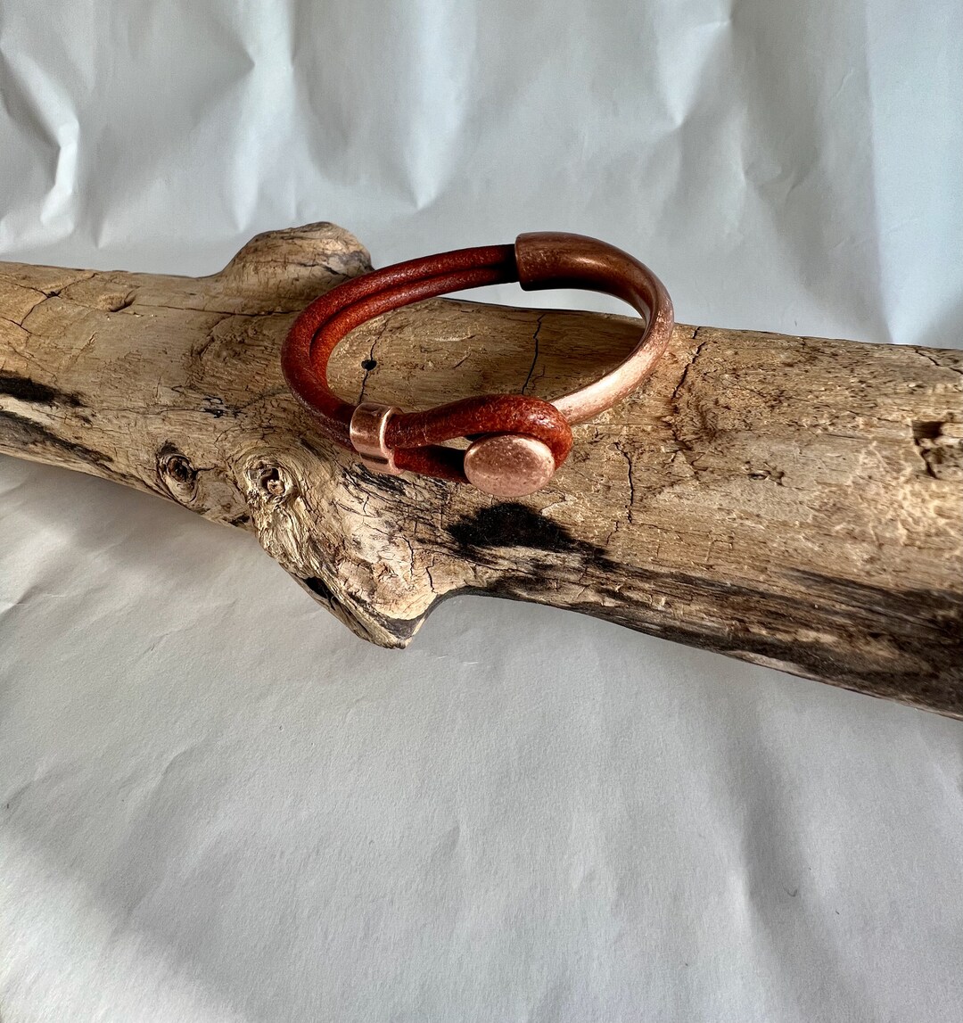 Italian Rich Brown Leather and Copper Button Clasp. Half Cuff Style ...