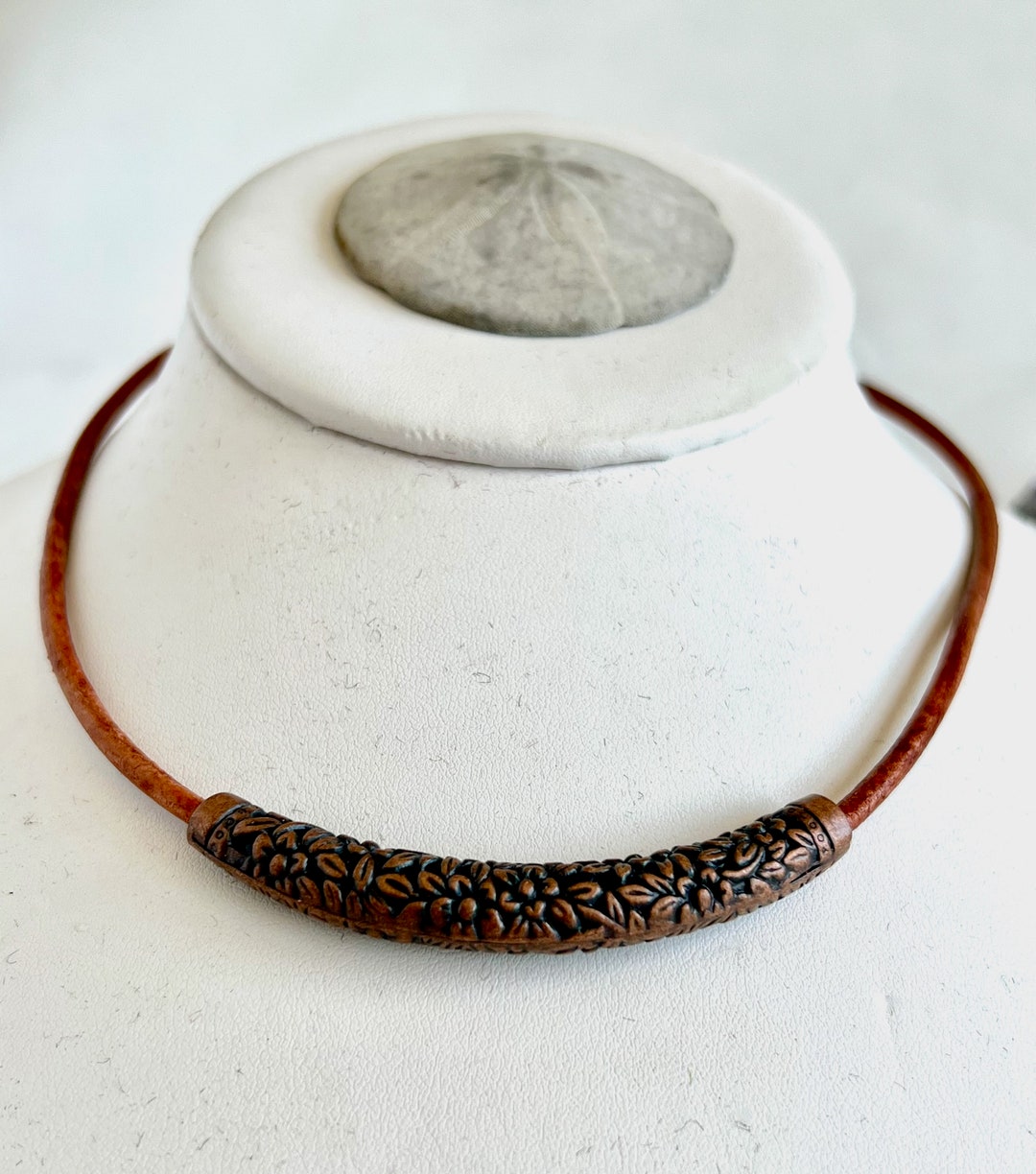 Gorgeous Brown Italian Leather Choker Necklace With Copper Filigree ...
