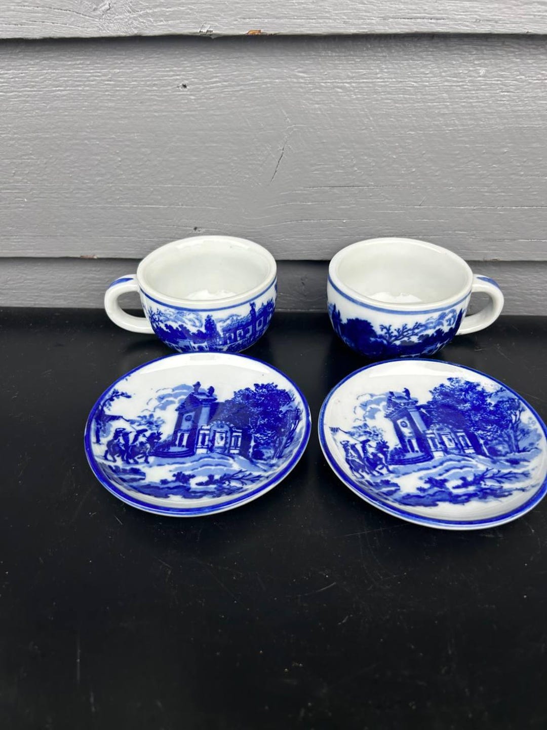 Antique Blue & White Tea Set – 2 Cups and 2 Saucers - Etsy