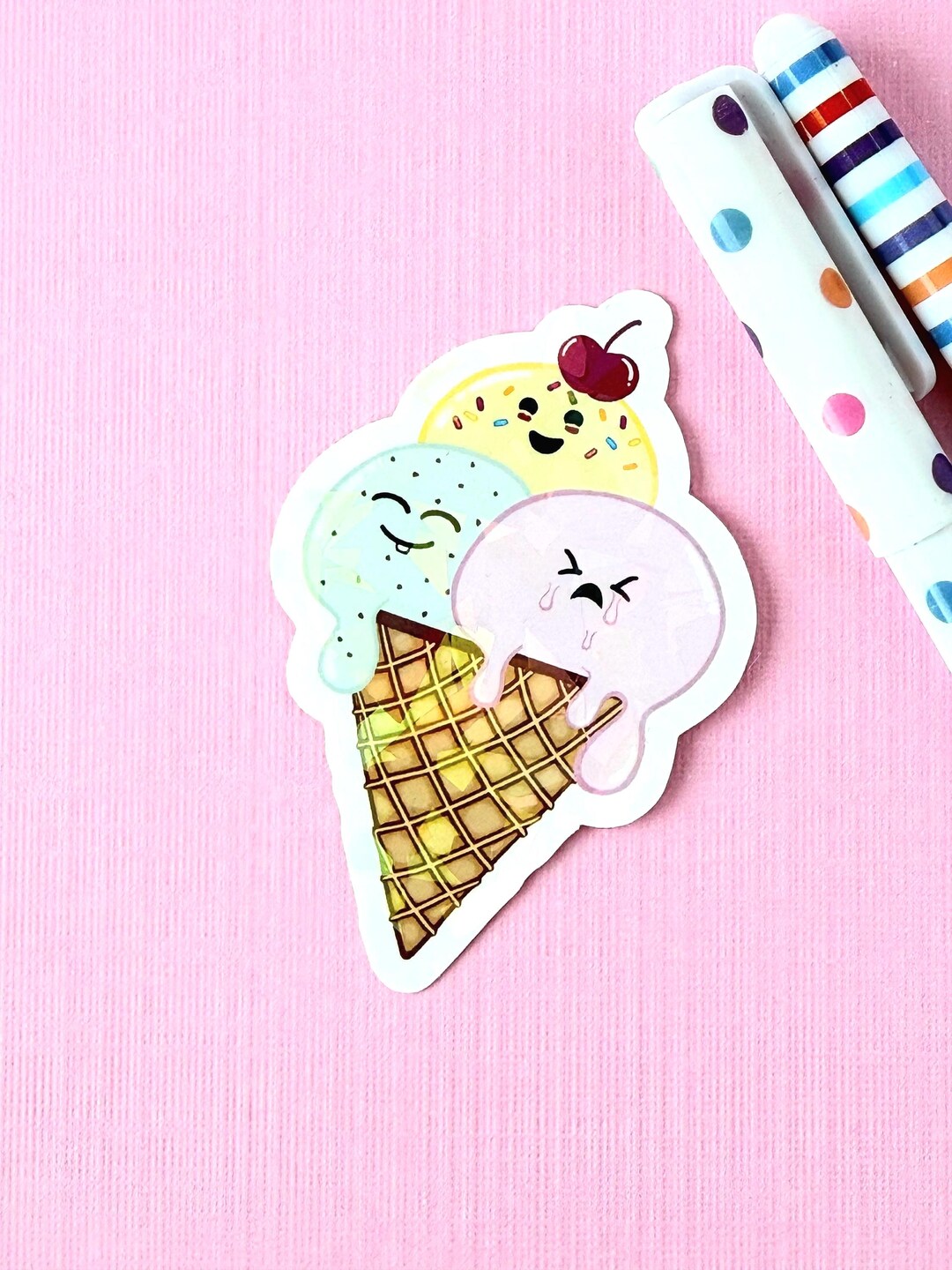 Ice Cream Holographic Sticker | Kawaii Waffle Cone Vinyl Decal - Etsy