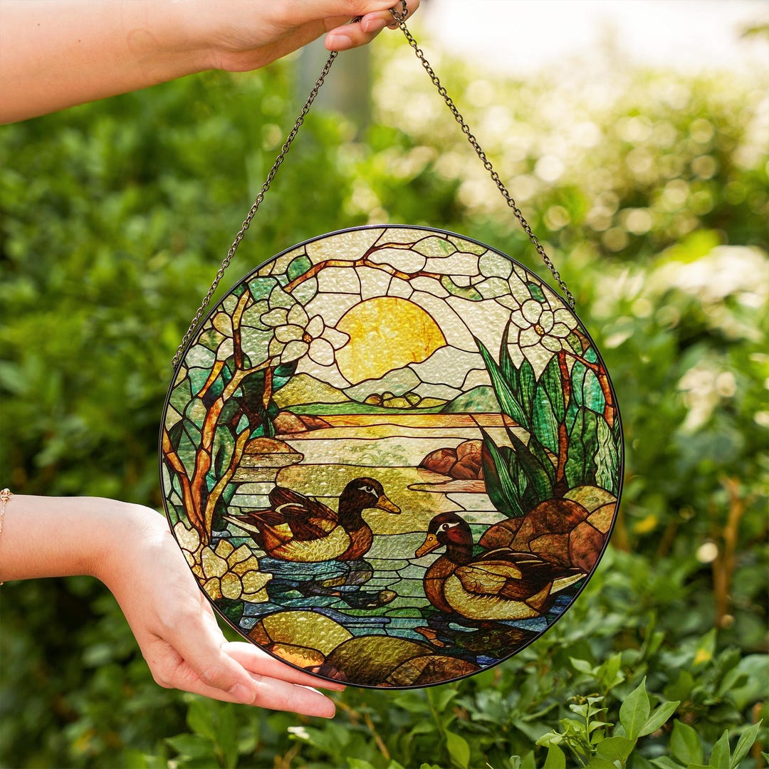 Ducks in the Pond Stained Glass Suncatcher, Landscape Suncatcher ...
