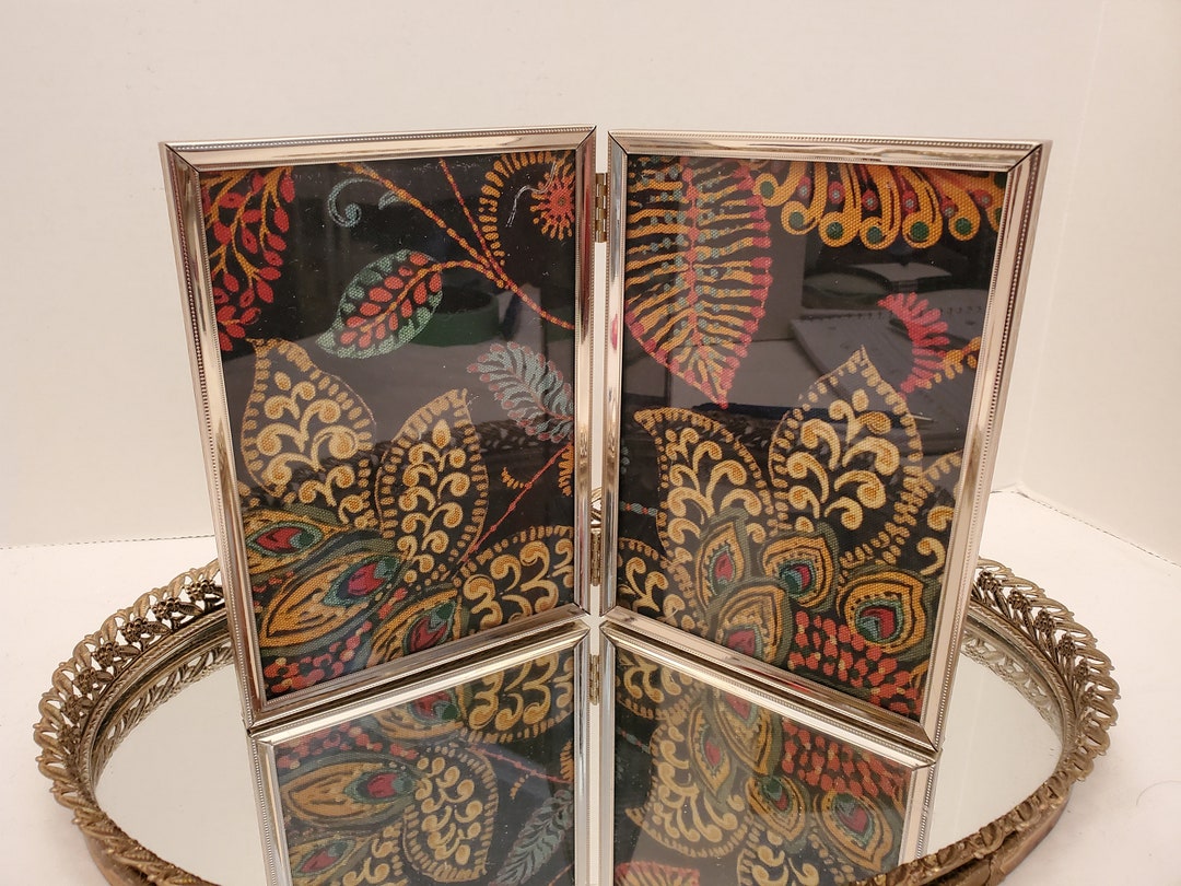 Vintage SOLID BRASS HINGED Photo Frame Fabric Inserts Under Glass ...