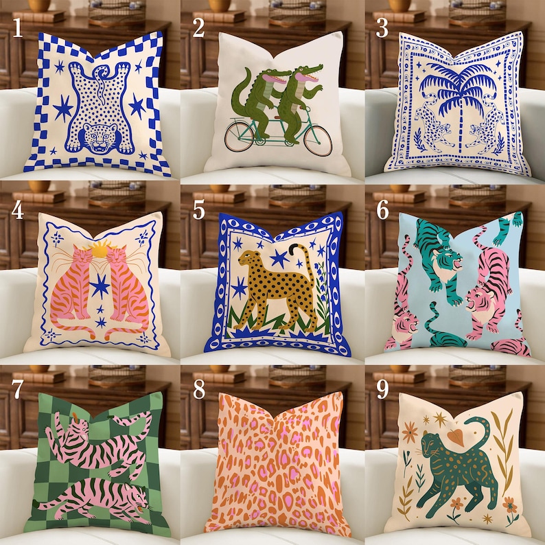 Folk Art Animal Pillow Cover, Eclectic Naïve Art Cushion, Tiger Cheetah ...